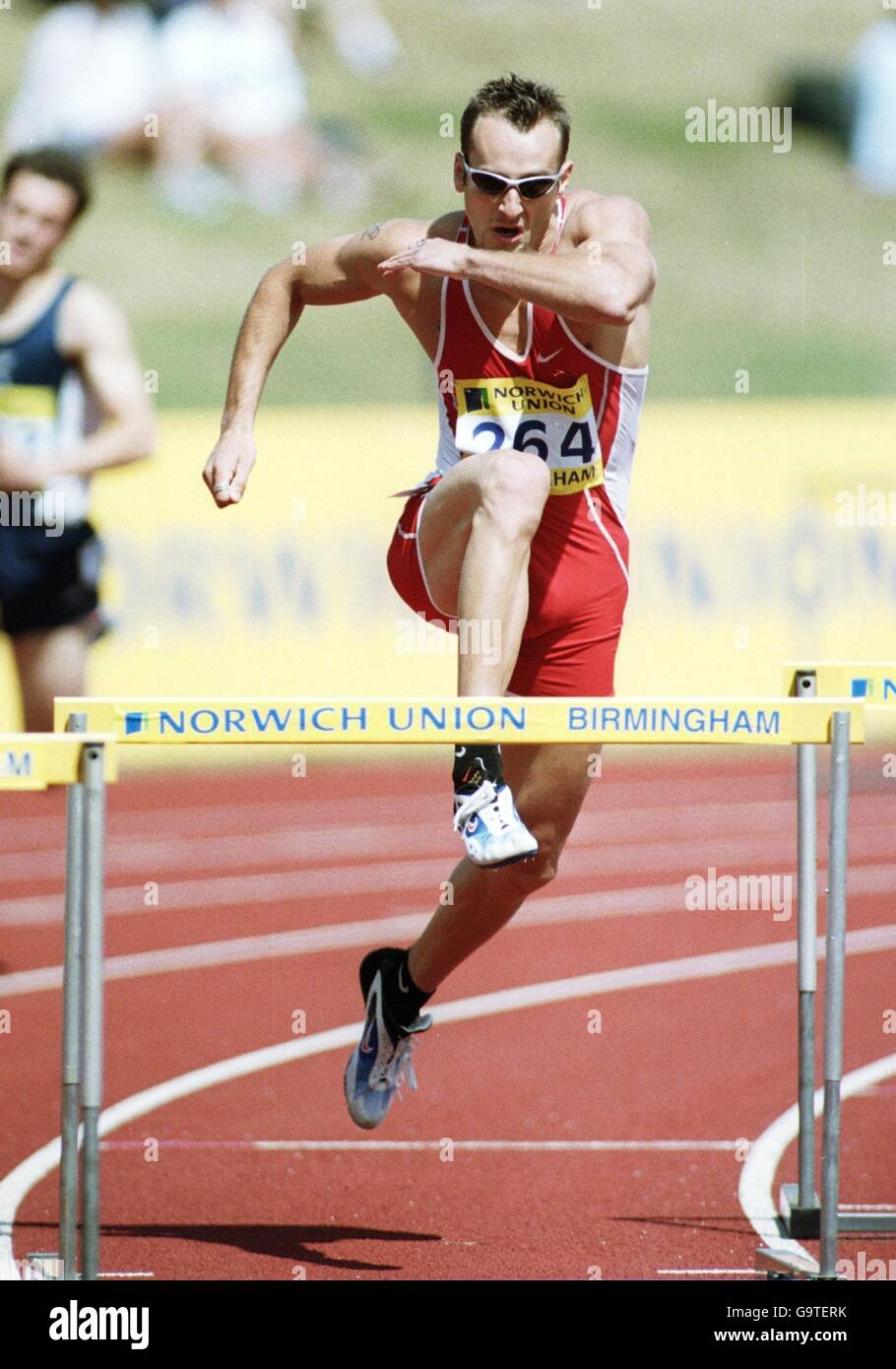 Chris Rawlinson on his way to victory in his 400m Hurdles Heat Stock ...