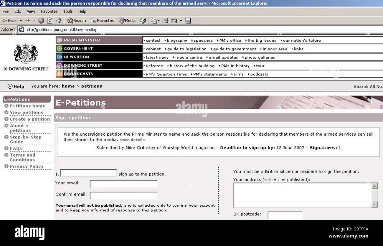 Screengrab from the 10 Downing Street E-Petitions website showing a ...