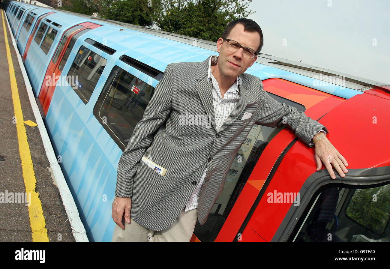 Artist Jim Isermann with the underground train painted with his design ...