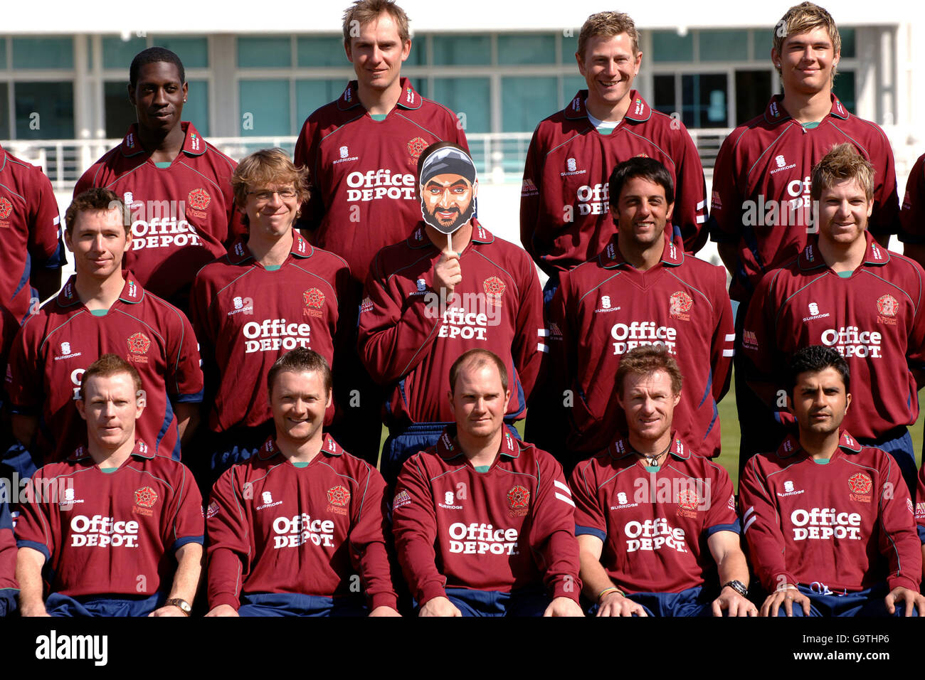Northamptonshire's David Wigley wears a Monty Panesar mask for the ...