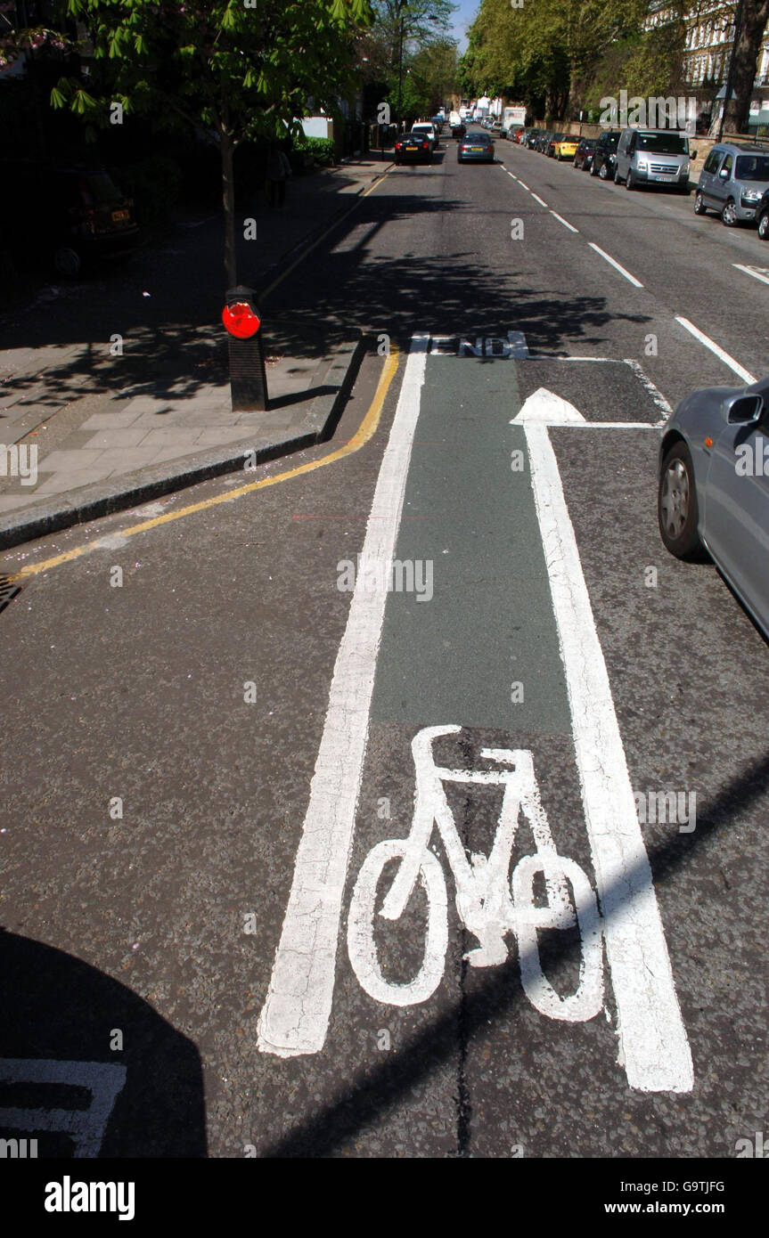 A car passes a 15 feet long cycle lane on Oval Road in Camden, north ...