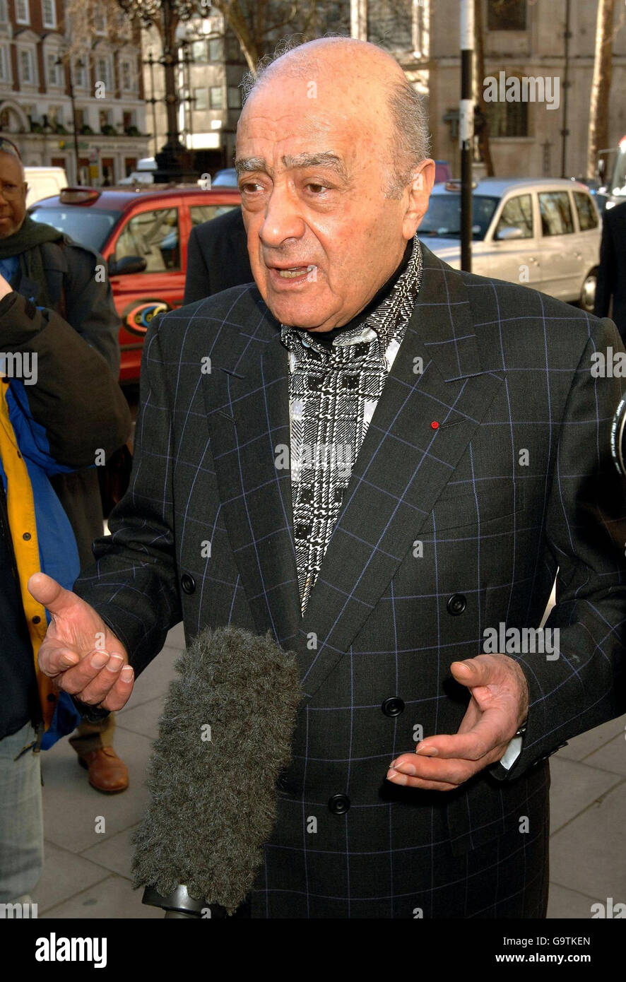 Mohammed Al Fayed talks to the press after arriving at the High Court ...