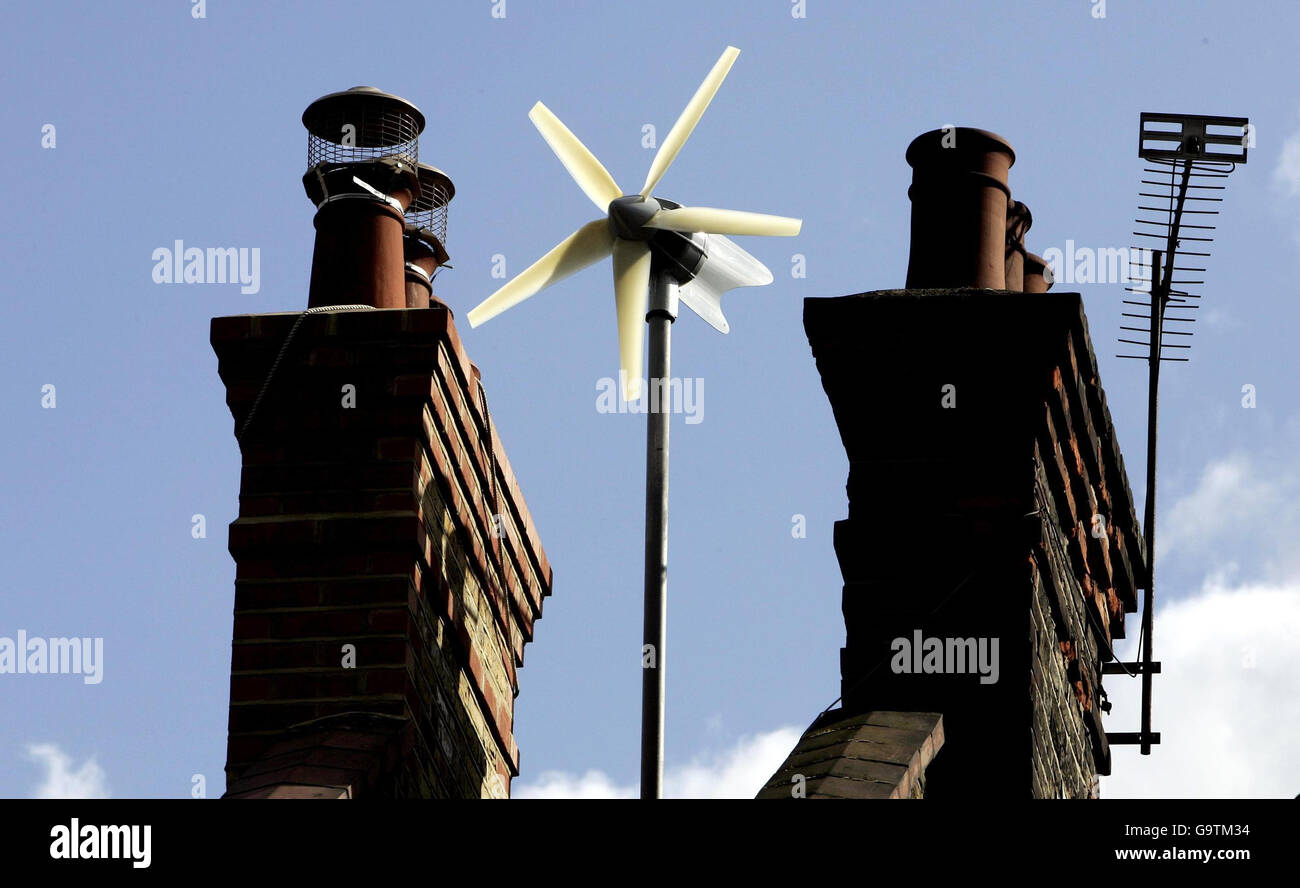 Budget 2007. A workman errects the new wind turbine on Conservative ...