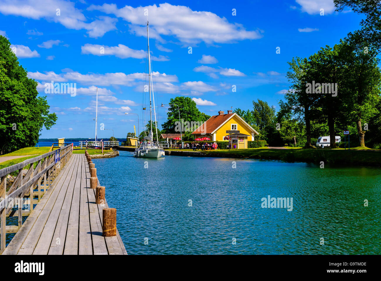 Berg, Sweden - June 20, 2016: A long wooden pier for visiting boats ...