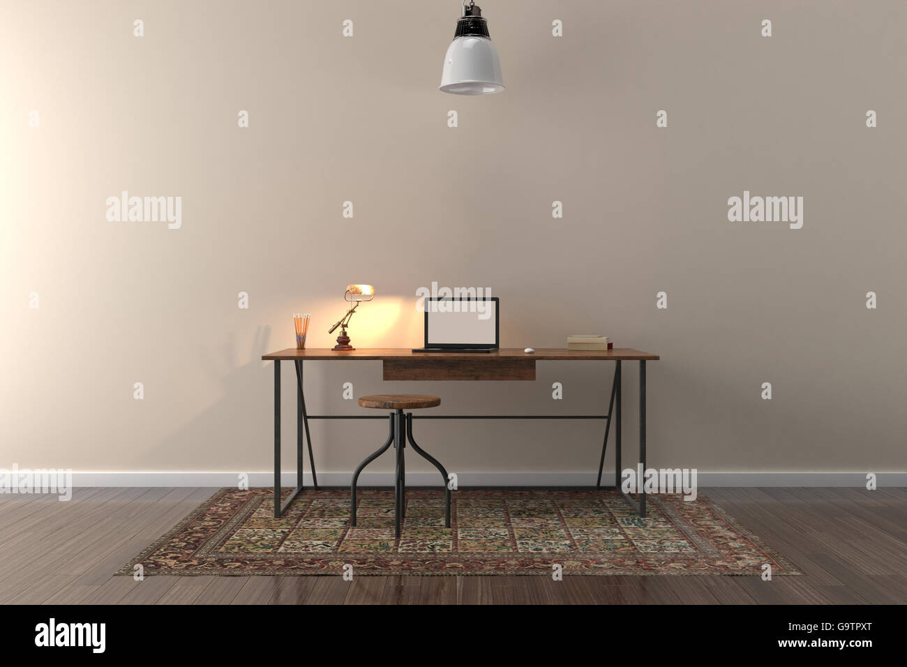 Work desk in empty room with big wall in background. 3D illustration ...