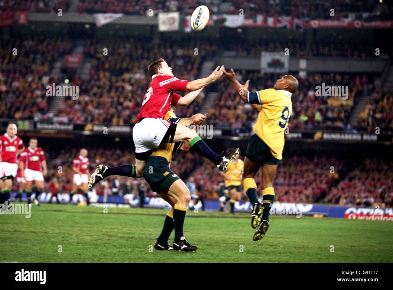 British Lions' Brian O'Driscoll leaps in the air for the ball with ...