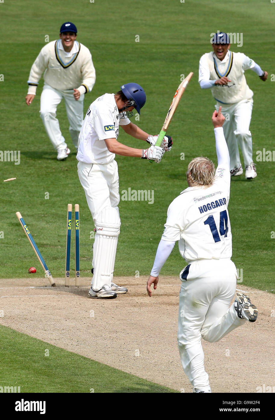 Yorkshire's Matthew Hoggard (bottom) runs in to celebrate with his team ...