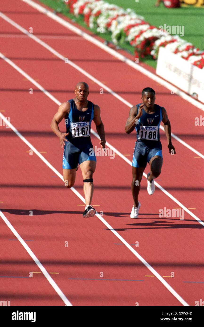 USA's Maurice Green and Tim Montgomery battle for the gold medal in the ...