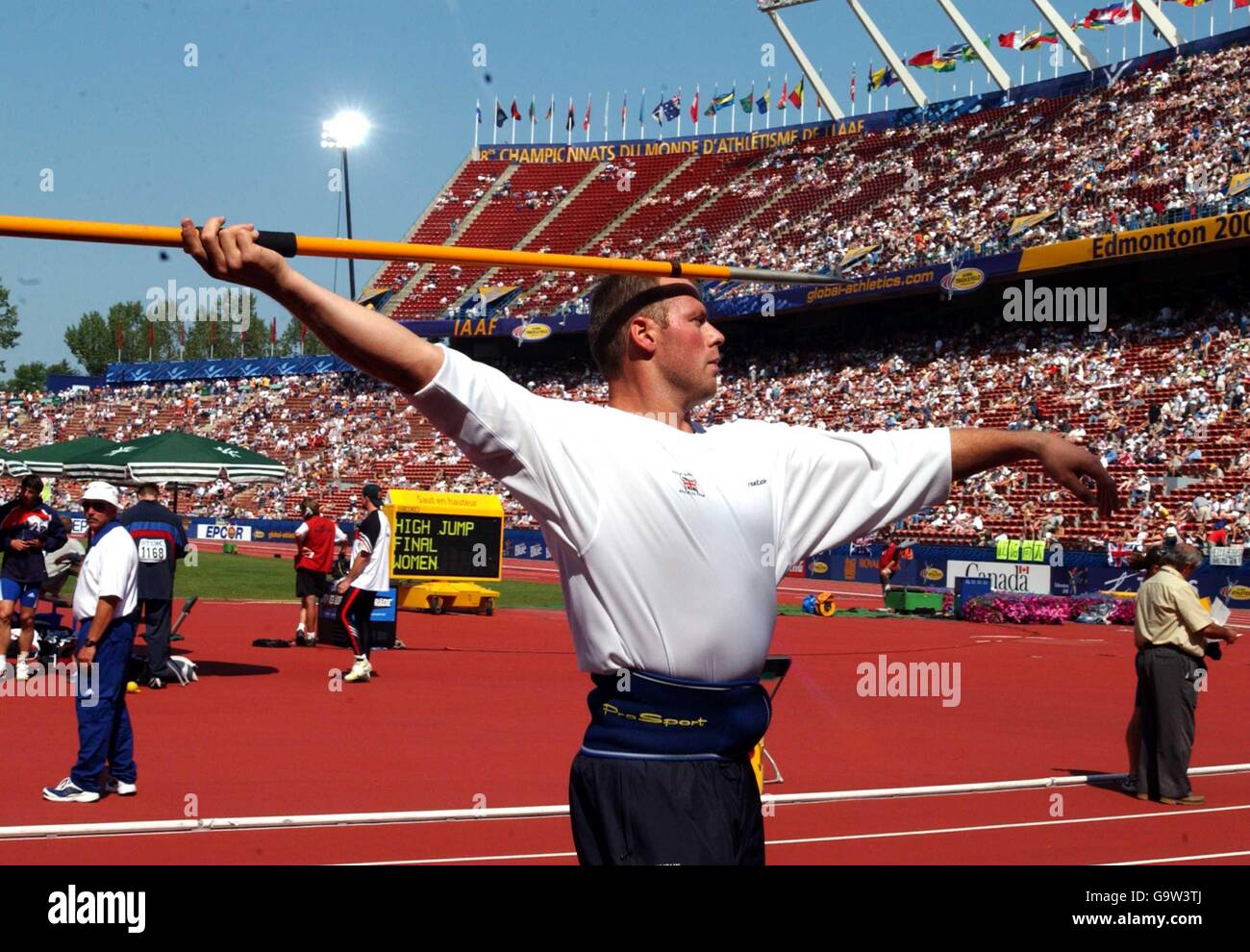 Great Britain's Mick Hill warms up before the start of his Mens Javelin ...