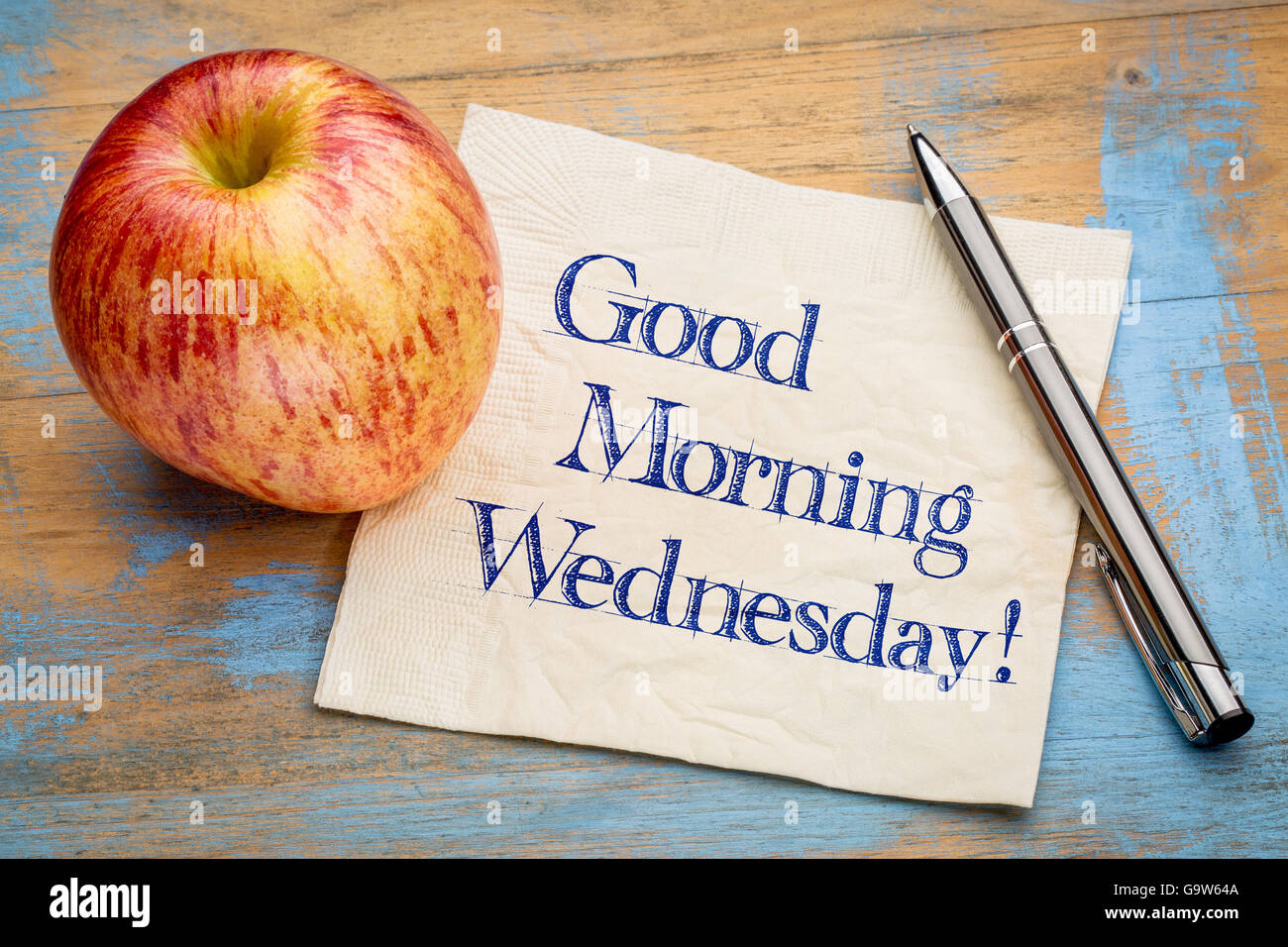 Good Morning Wednesday - handwriting on a napkin with a fresh apple ...