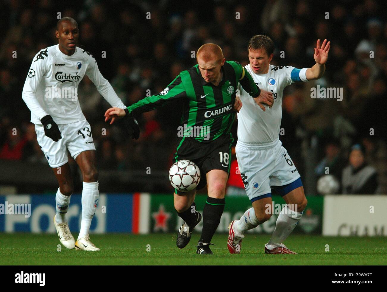Celtic's Neil Lennon (centre) and FC Copenhagen's Tobias Linderoth ...