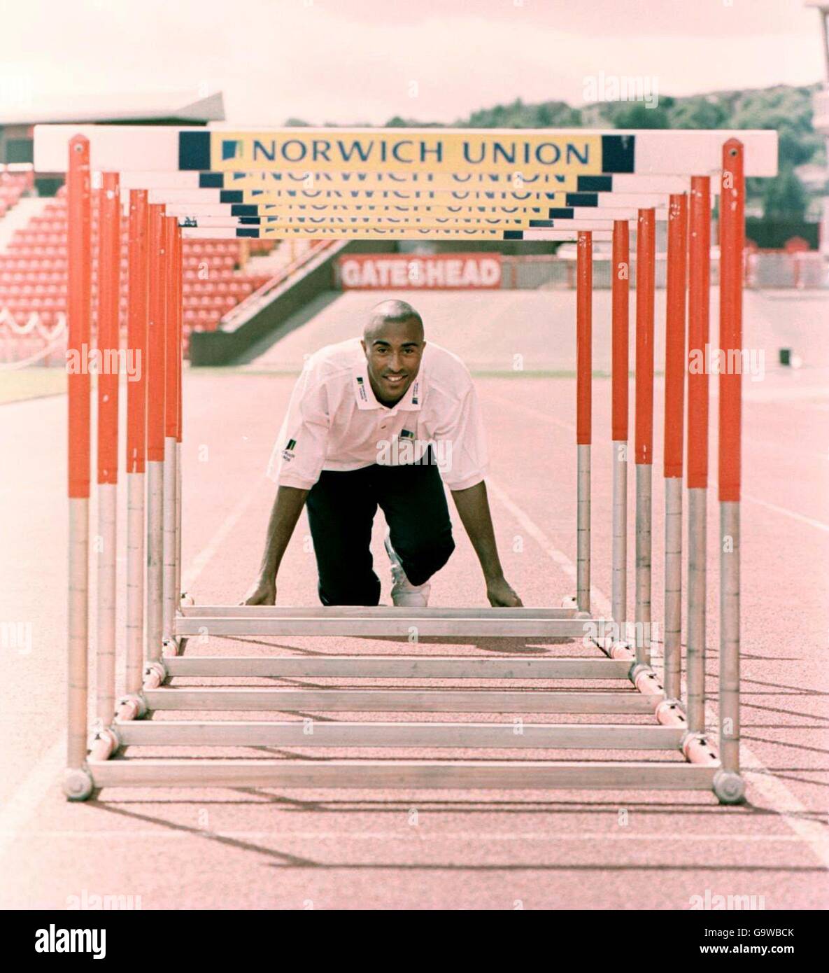 Colin Jackson promotes the Norwich Union Athletics meeting at Gateshead ...