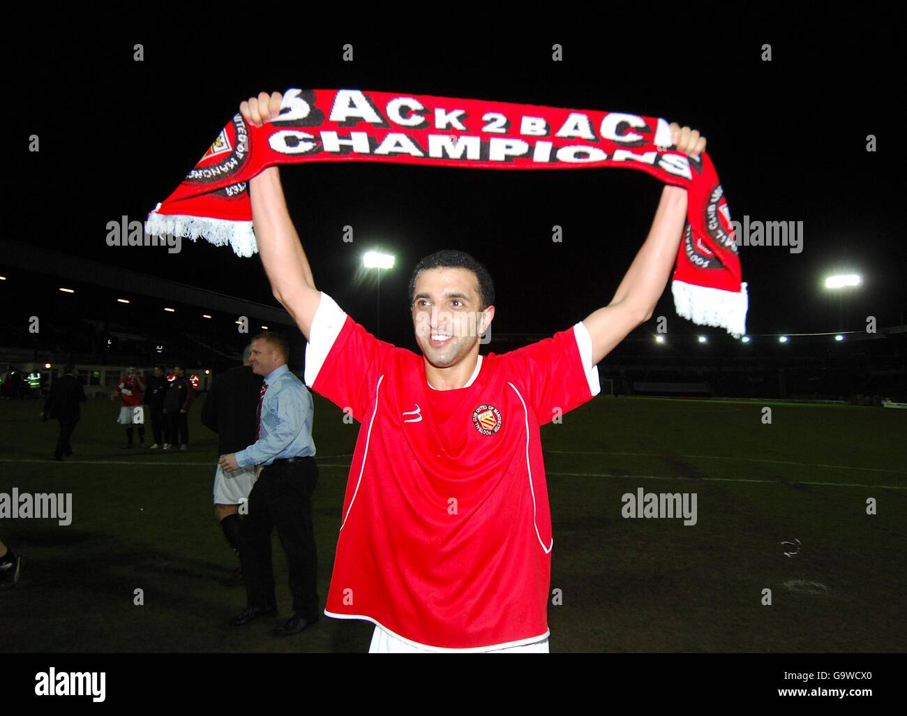 FC United's Joshua Howard celebrates winning their league Stock Photo ...