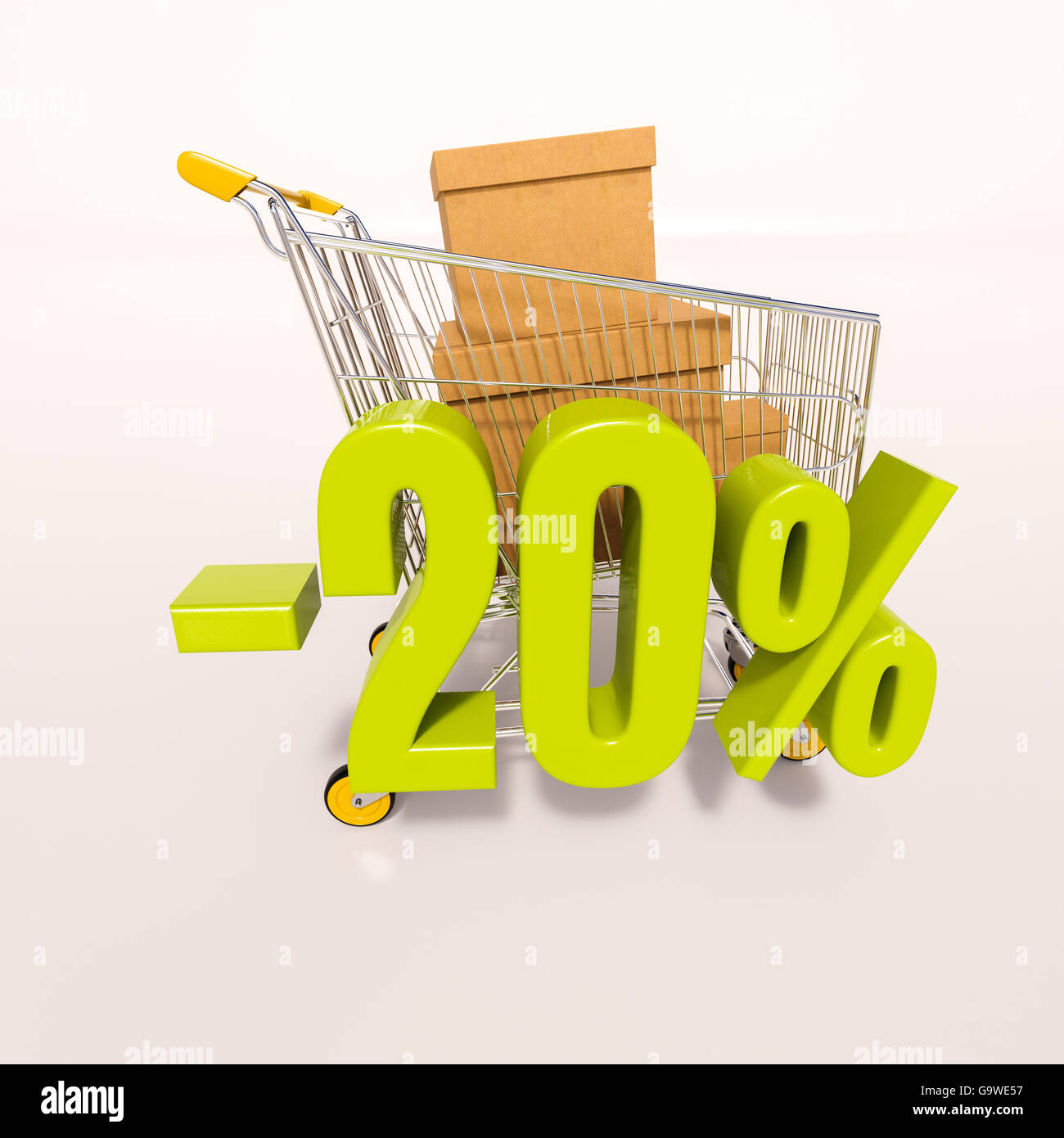 3d render: shopping cart and green 20 percentage discount sign on white ...