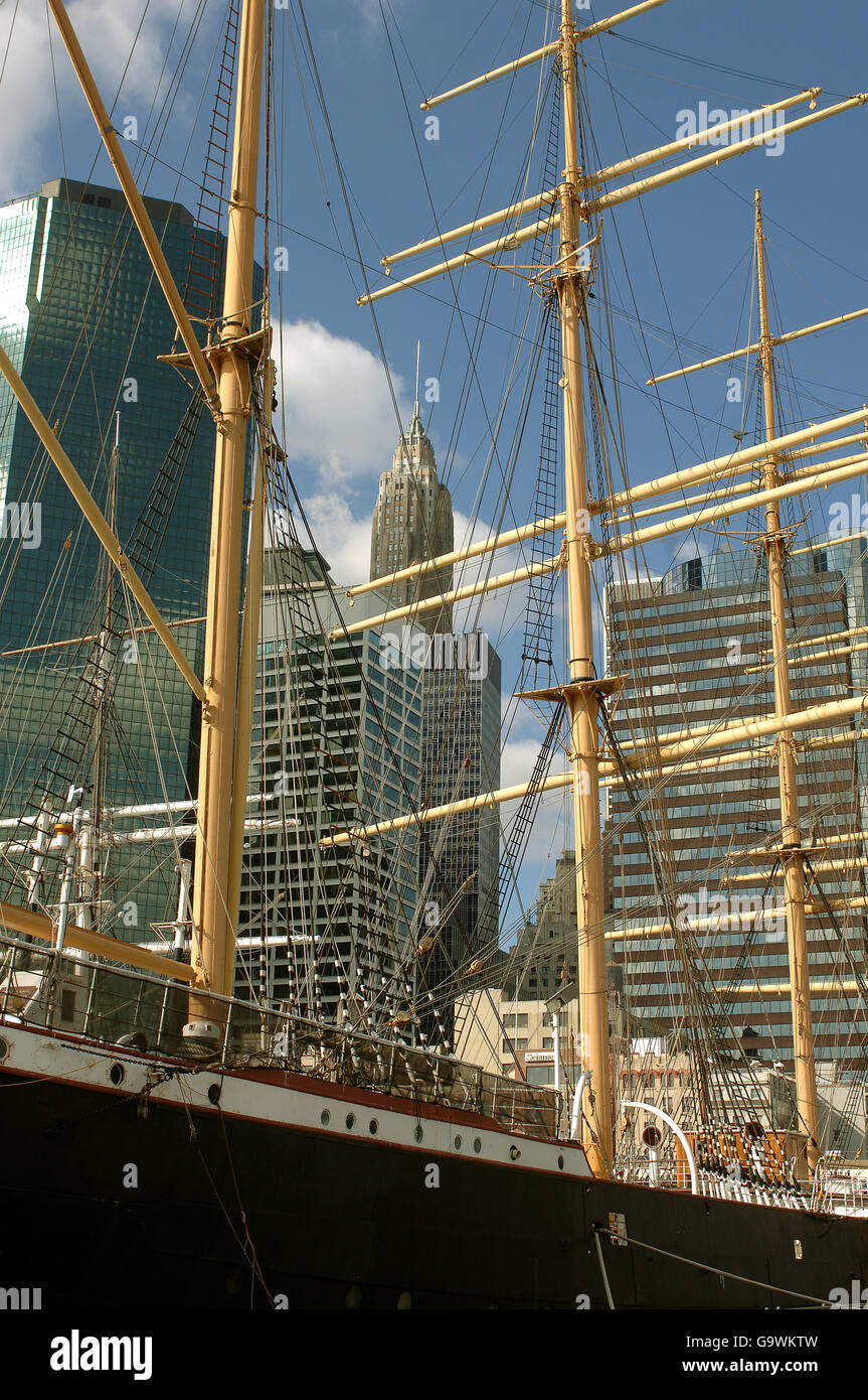 The sailing ships and skyscrapers of Lower Manhattan in New York City ...