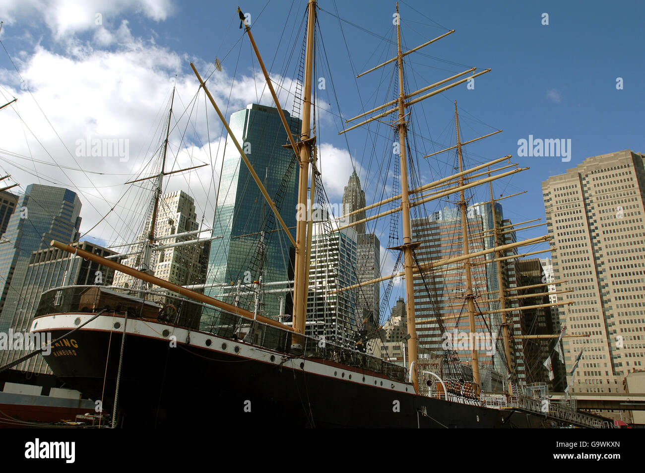 The sailing ships and skyscrapers of Lower Manhattan in New York City ...