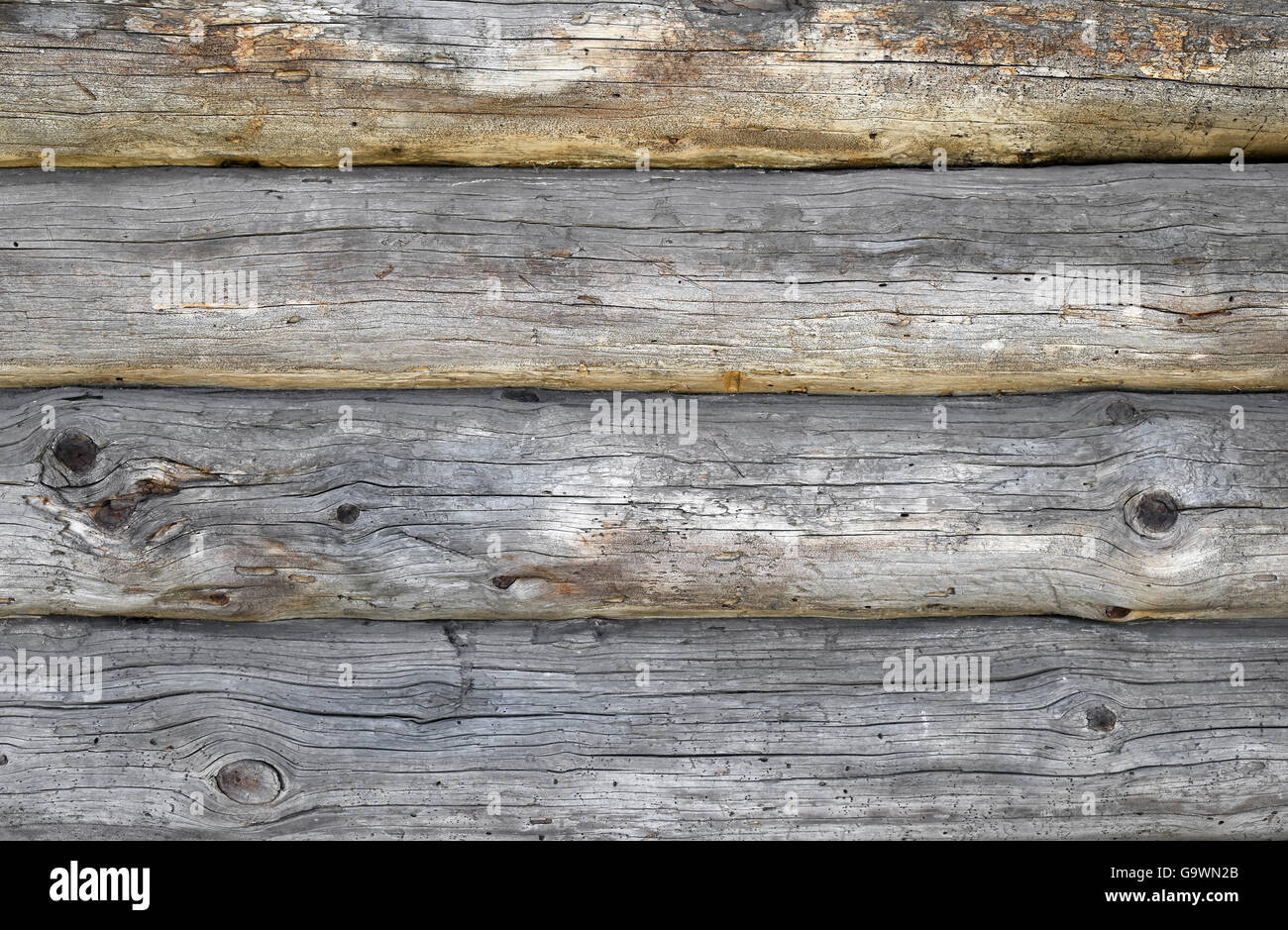 Old antique unpainted wooden vintage cracked pale logs wall of ...