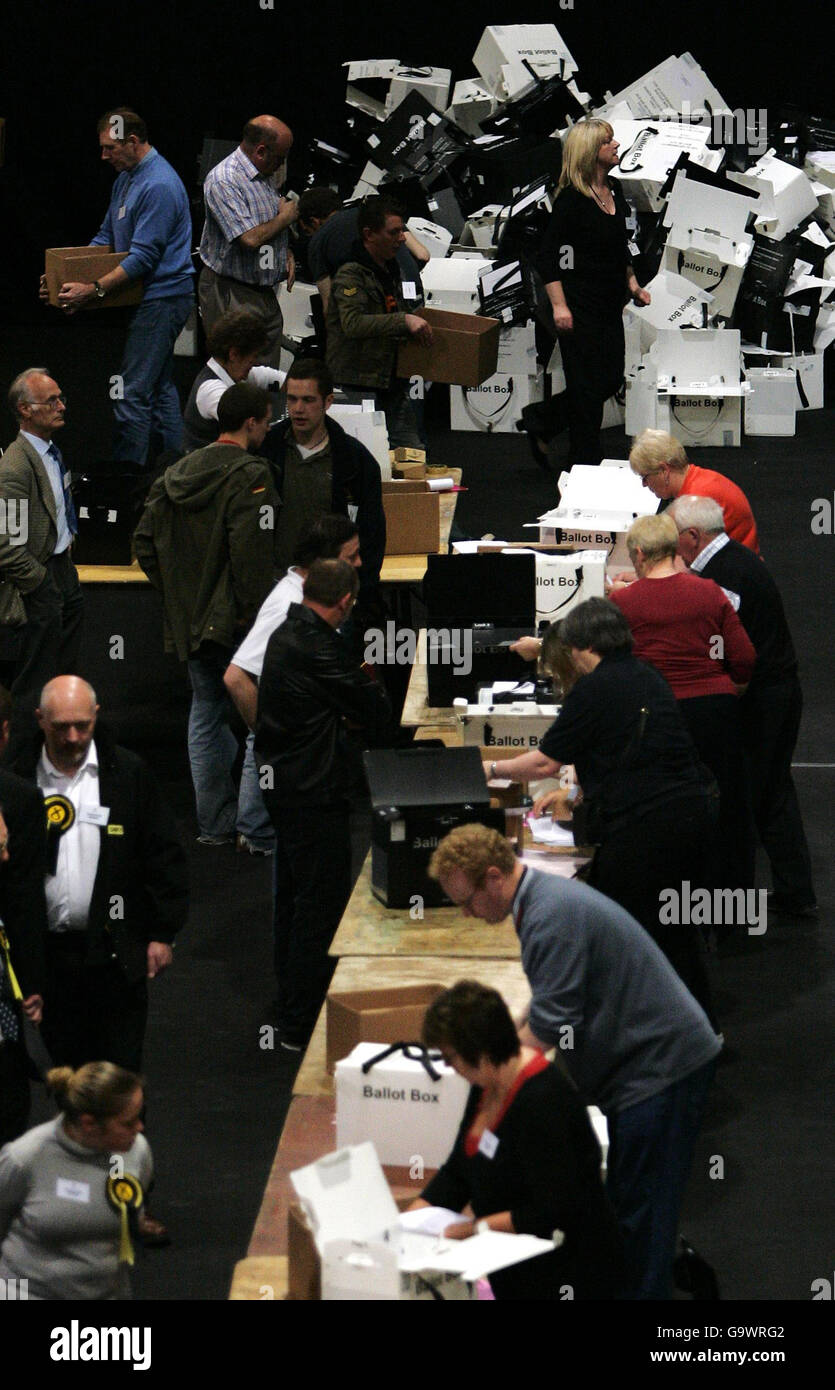 Ballot boxes are brought into the Aberdeen Exhibition centre before ...