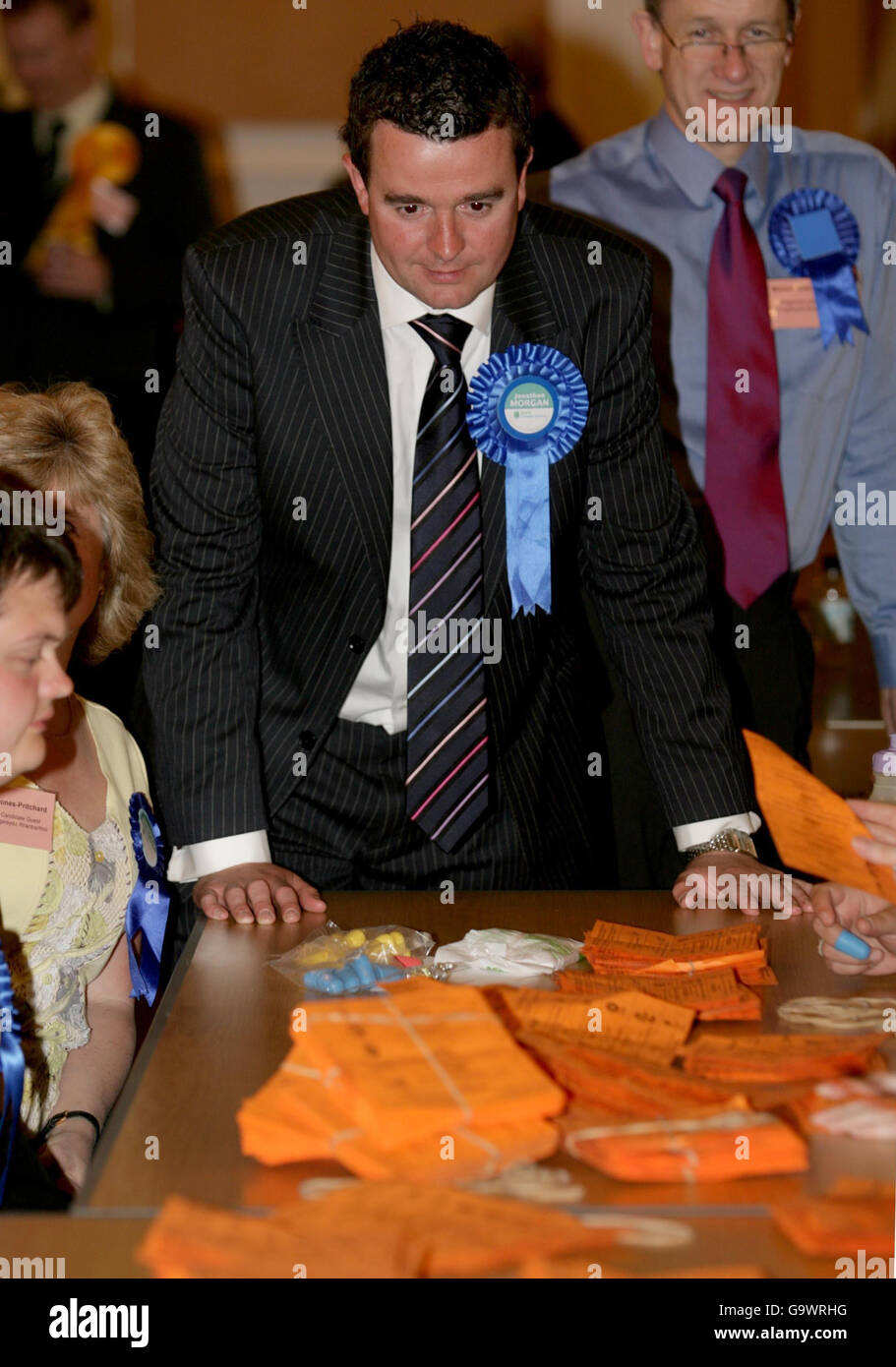 Conservative candidate Jonathan Morgan (Cardiff North) looks on as ...