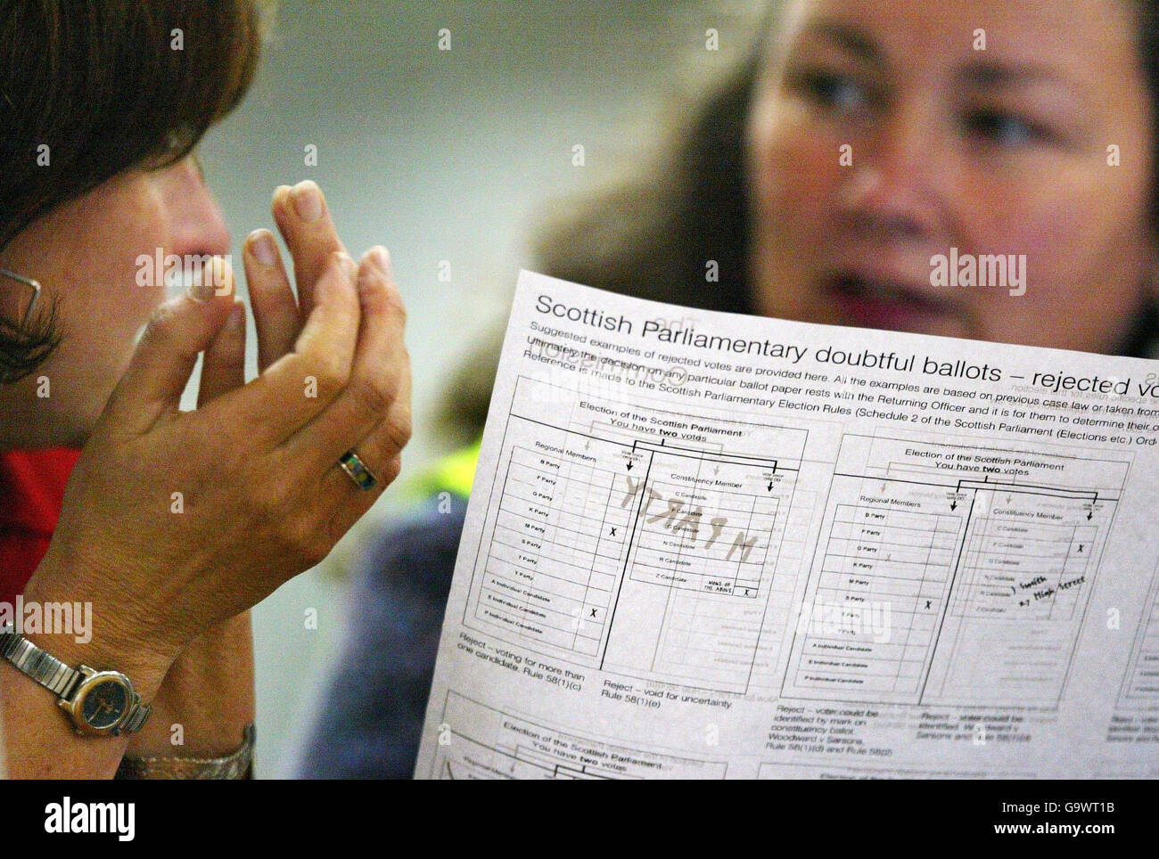 Counting staff look at a test paper showing what a ballot papers they ...