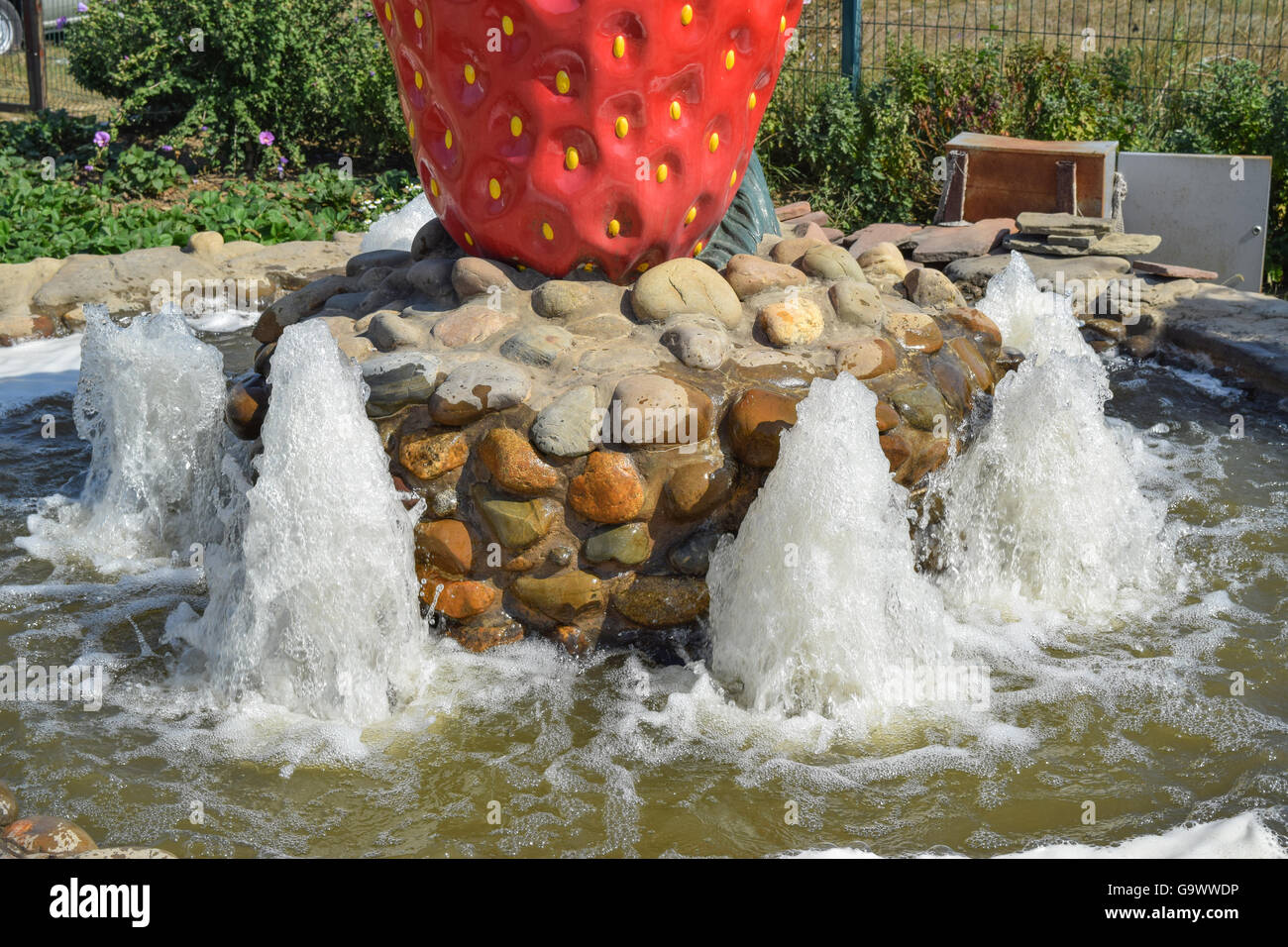 Small fountain in the flower bed area. Water jet climb up Stock Photo ...