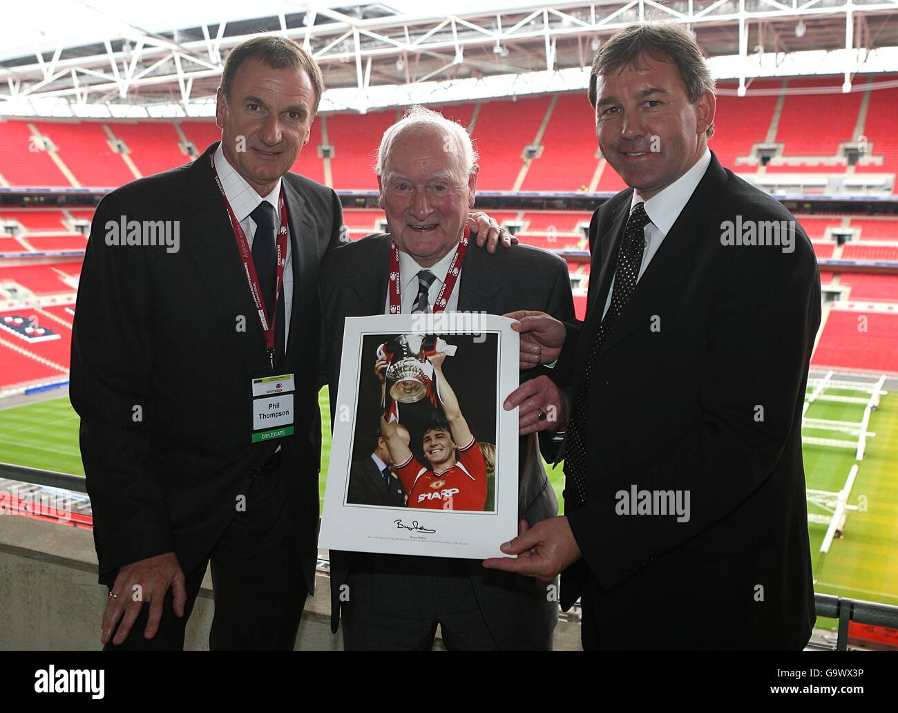(L-R) Phil Thompson, Sir Tom Finney and Bryan Robson at the Soccerex ...
