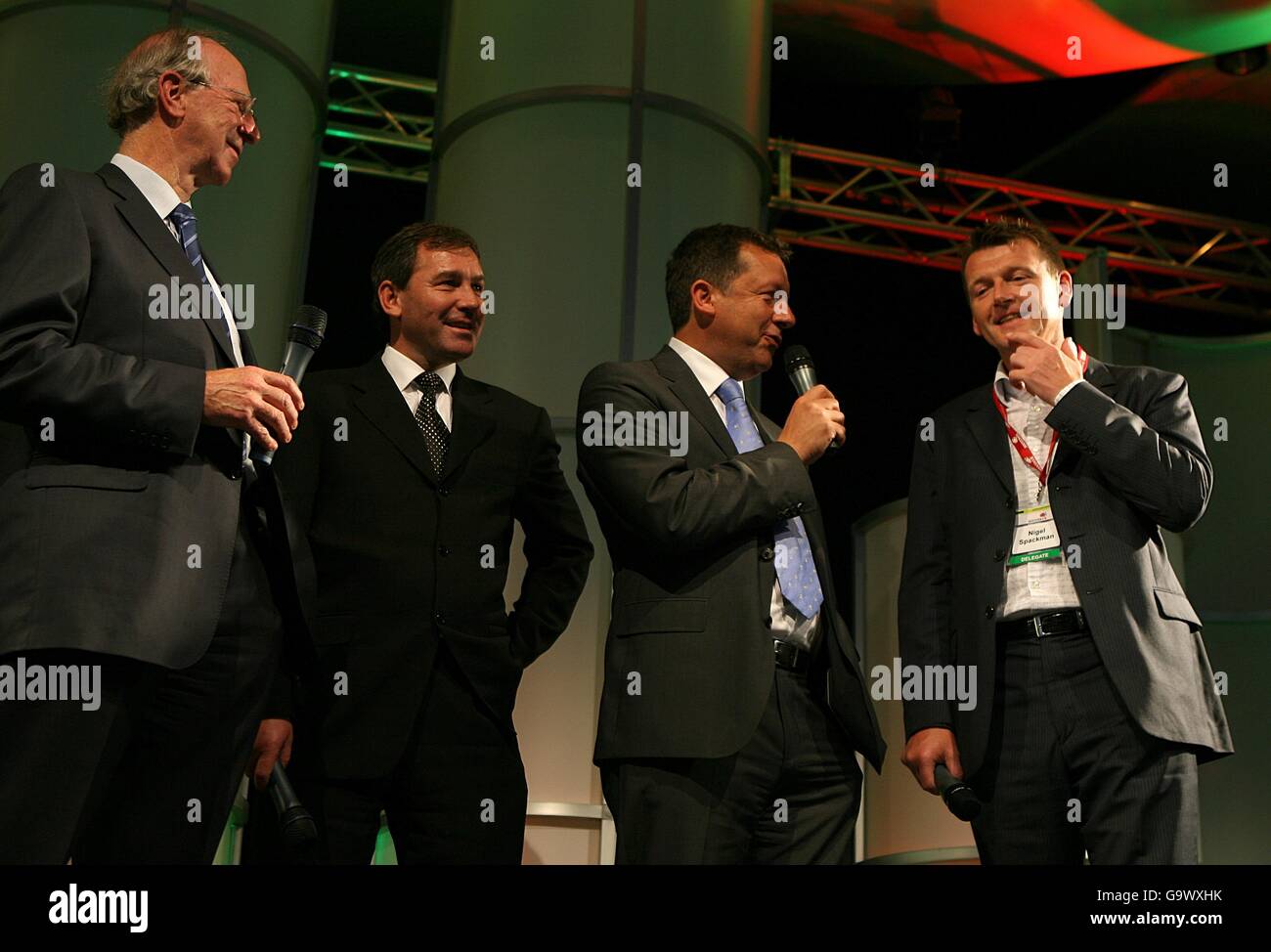 Nigel spackman and presenter matt lorenzo on stage at soccerex hi-res ...