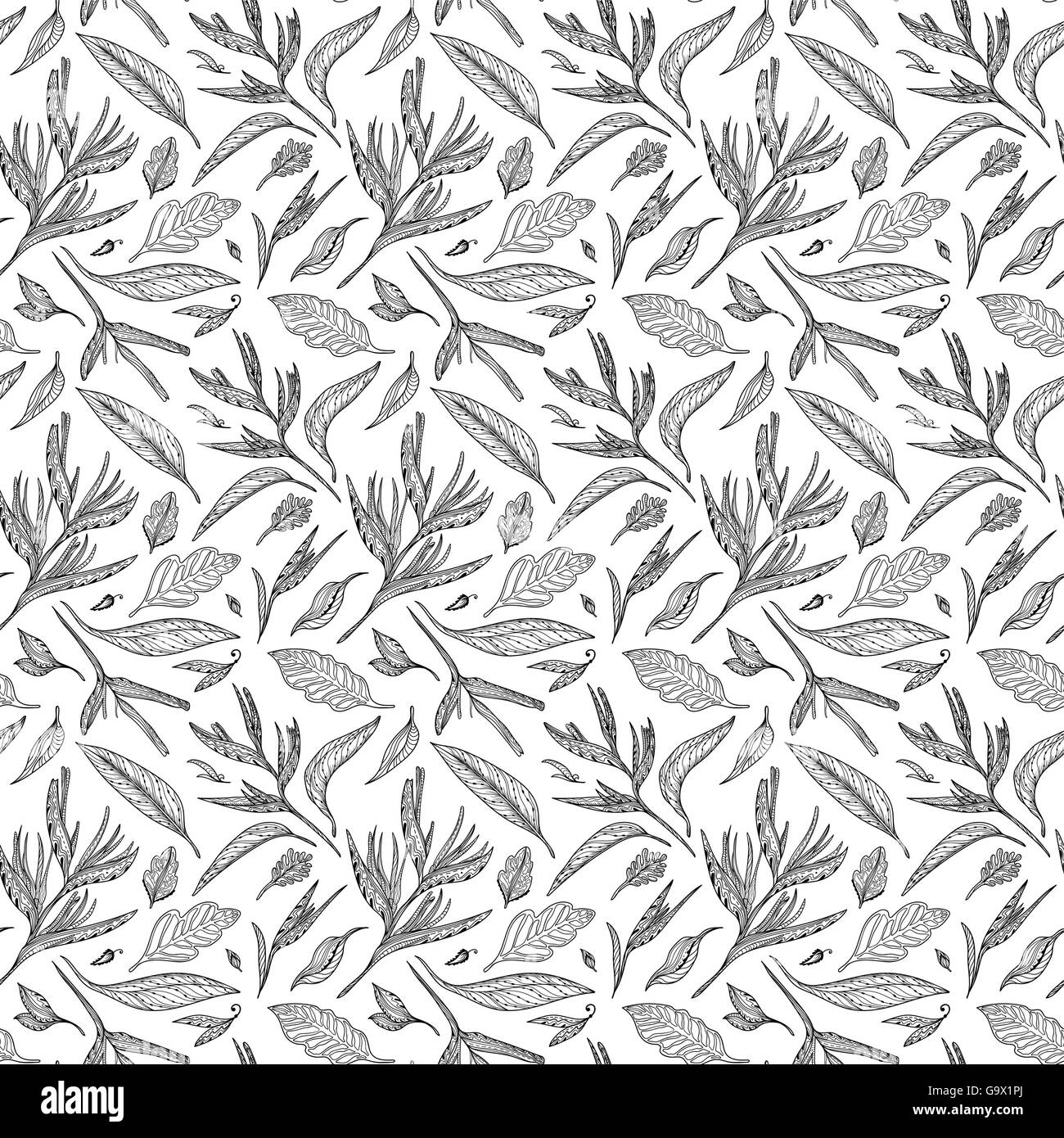 Seamless exotic plants texture with sketch ornamental leaves for ...