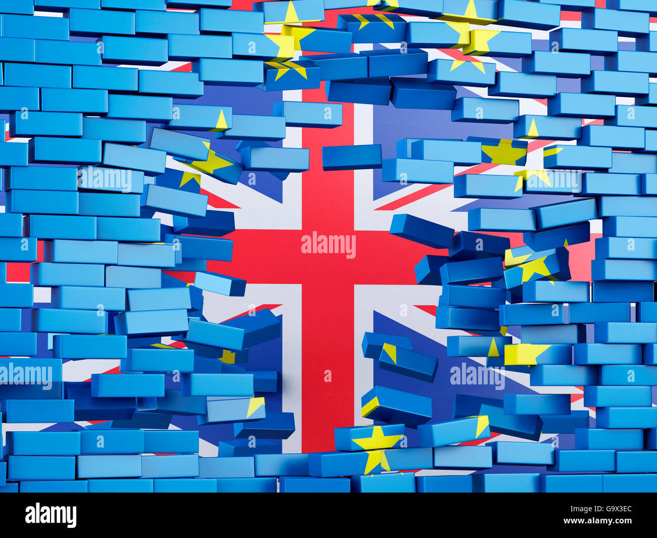 3d renderer illustration. Broken brick European Union Wall and Great ...