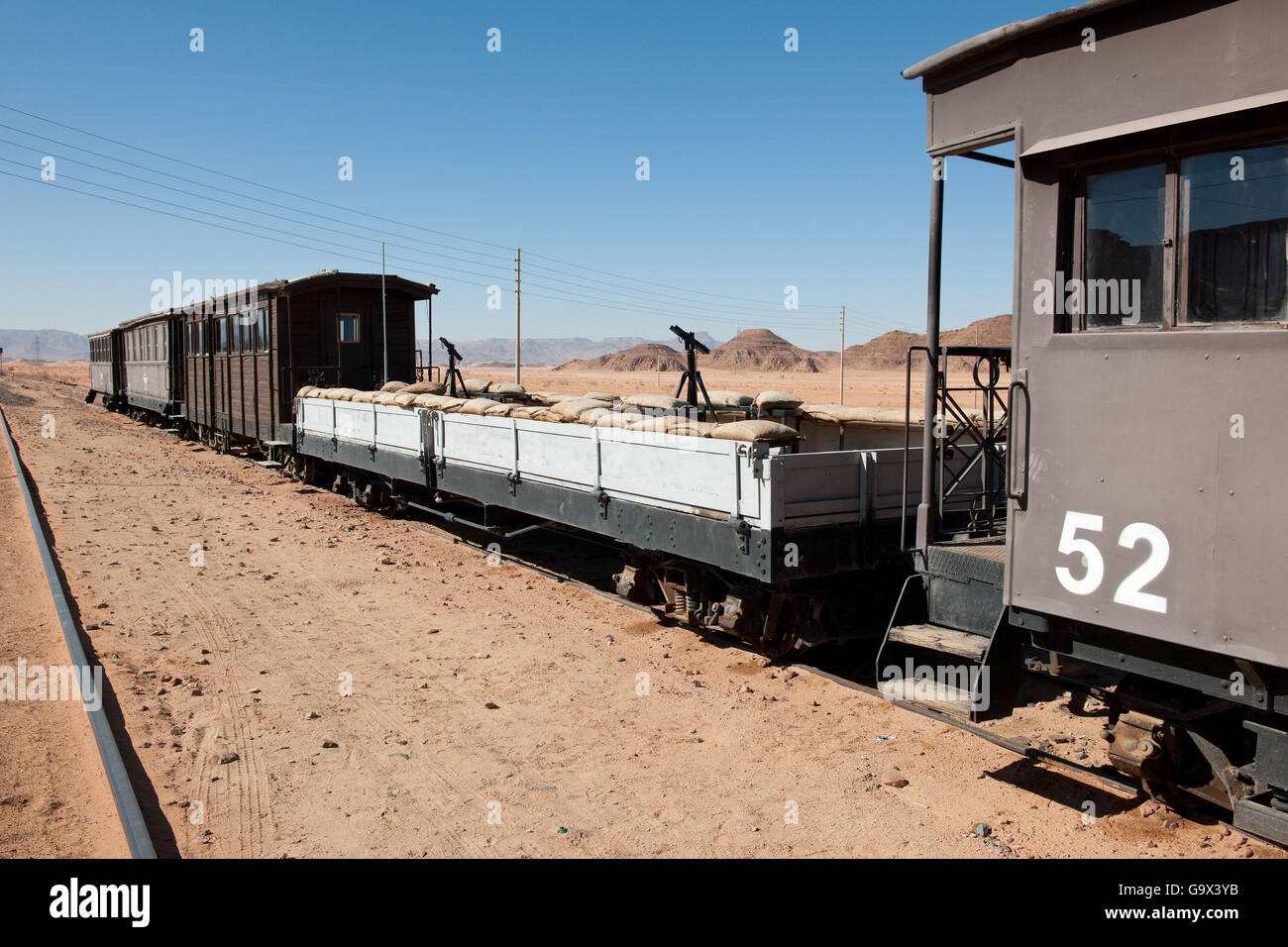 wagon of Hejaz Railway with tripods for machine guns, Wadi Rum, Jordan ...