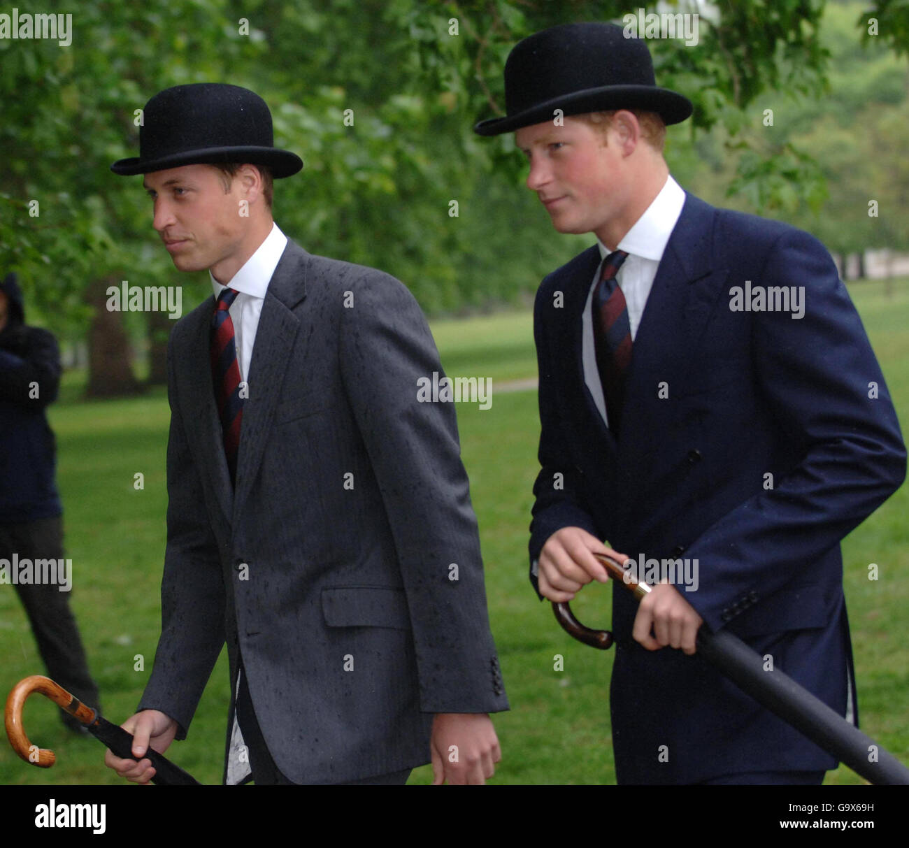 Prince William (left) and Prince Harry parade in suits and bowler hats ...