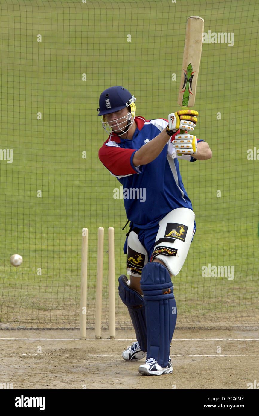 England's Andrew Flintoff bats during a nets practice session at ...