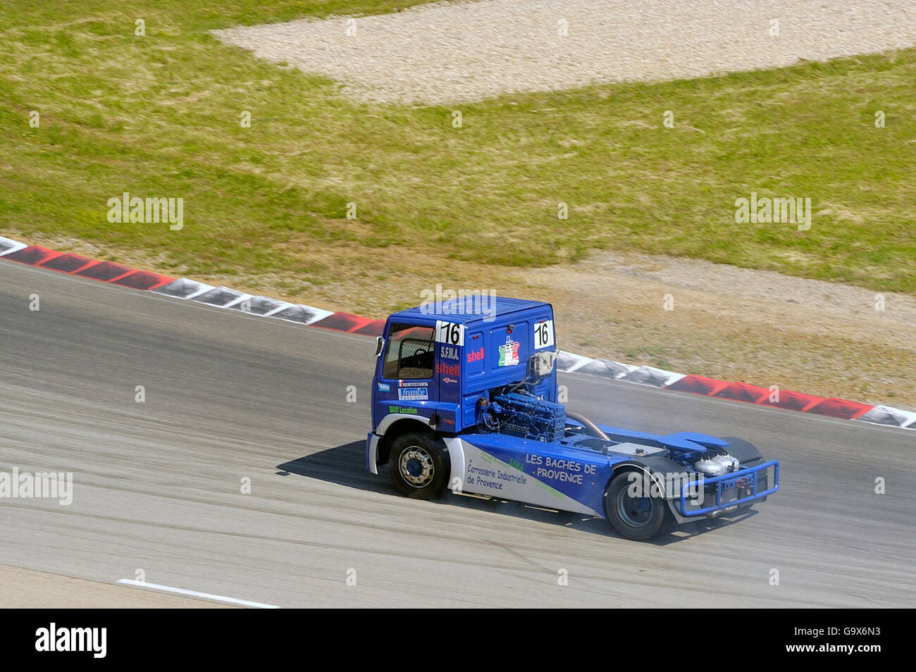 in full race trucks during truck racing championship of France on Ales ...