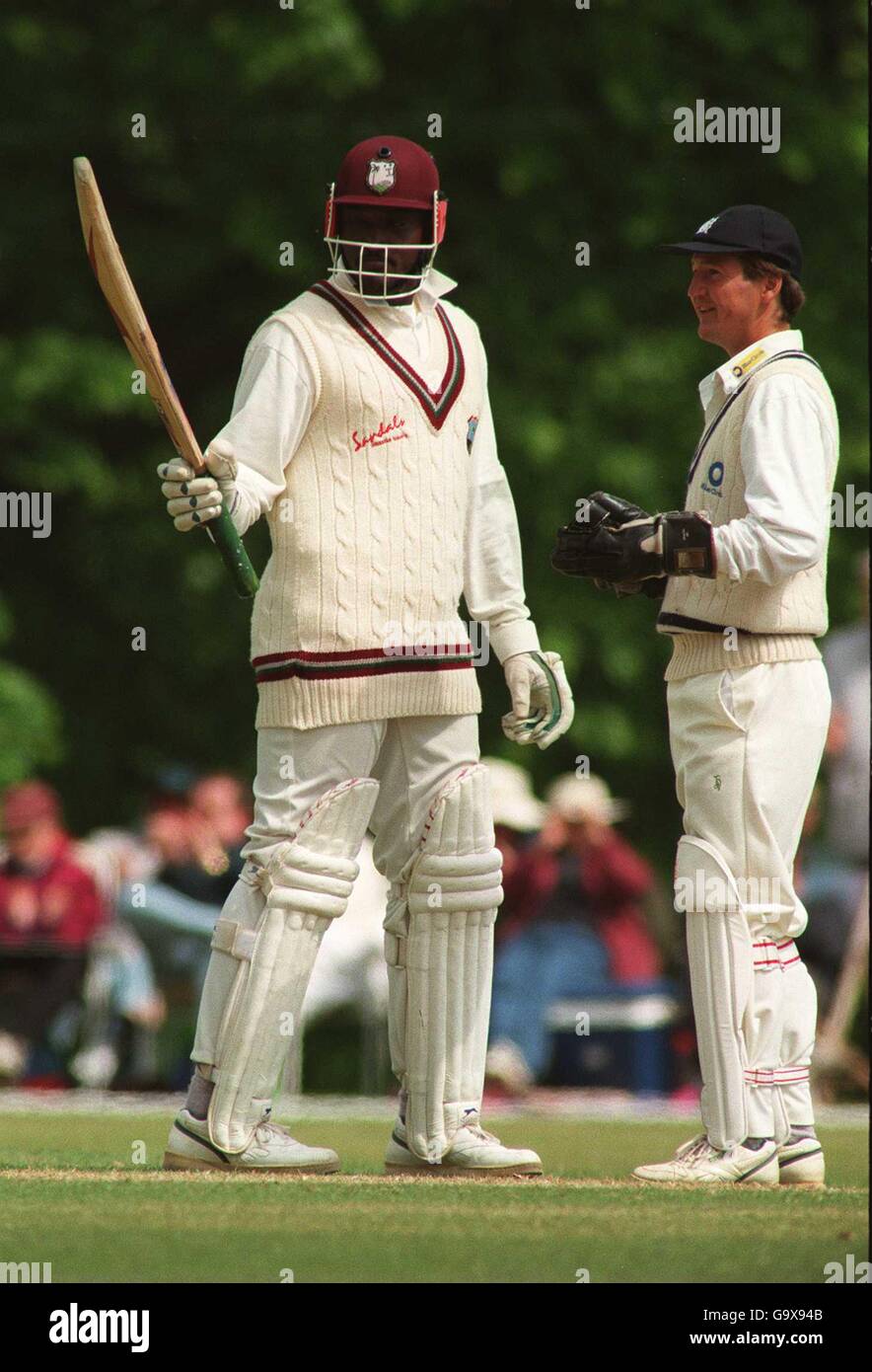 13-MAY-95, Cricket, Carl Hooper, West Indies, celebrates his 100 Stock ...
