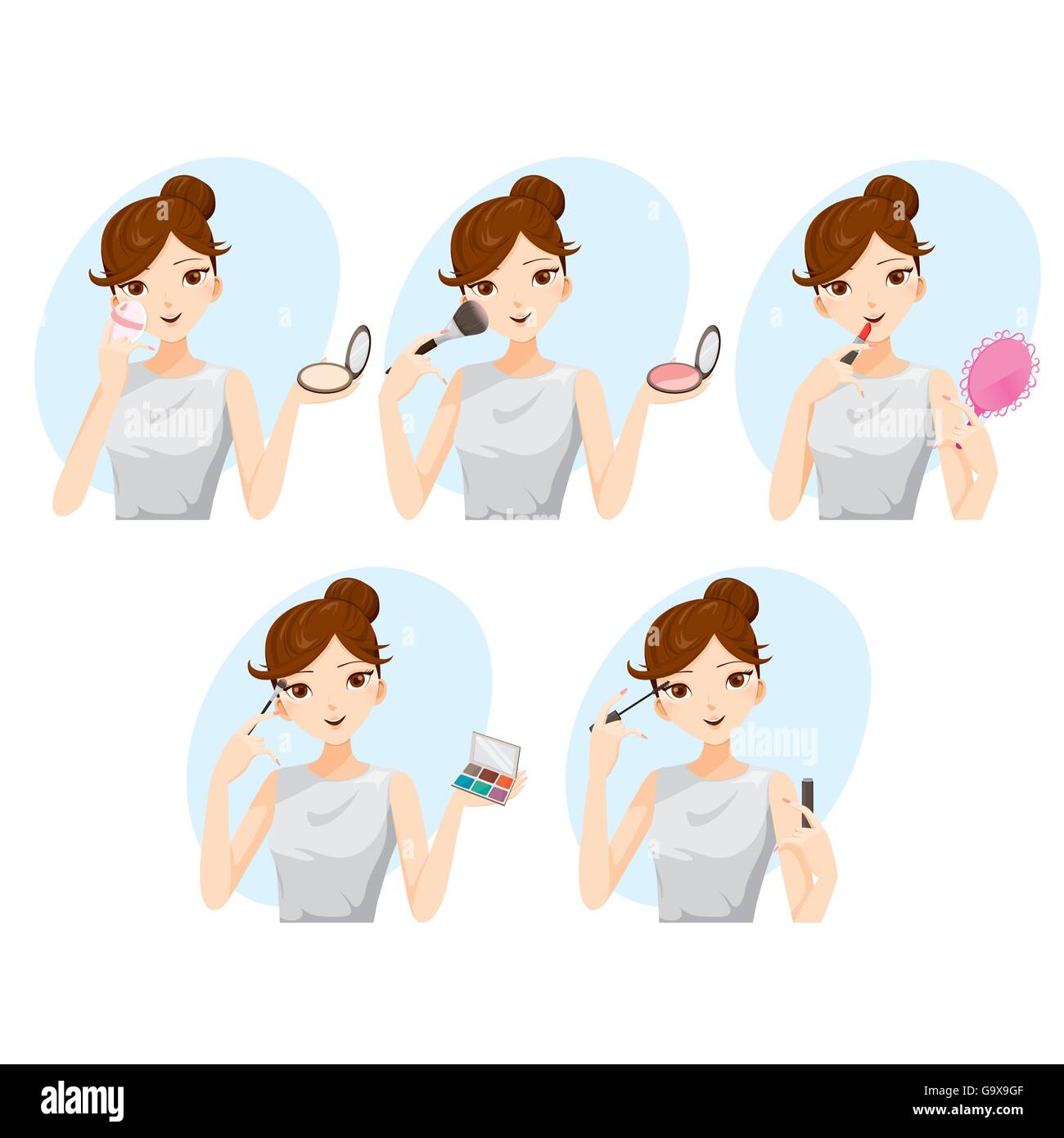 Young Woman Makes Up With Various Actions Set Cosmetics Facial