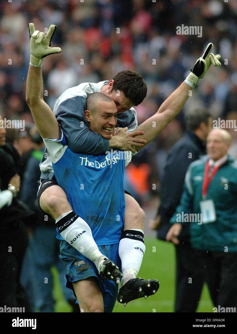 Derby countys goalkeeper stephen bywater celebrates winning promotion ...