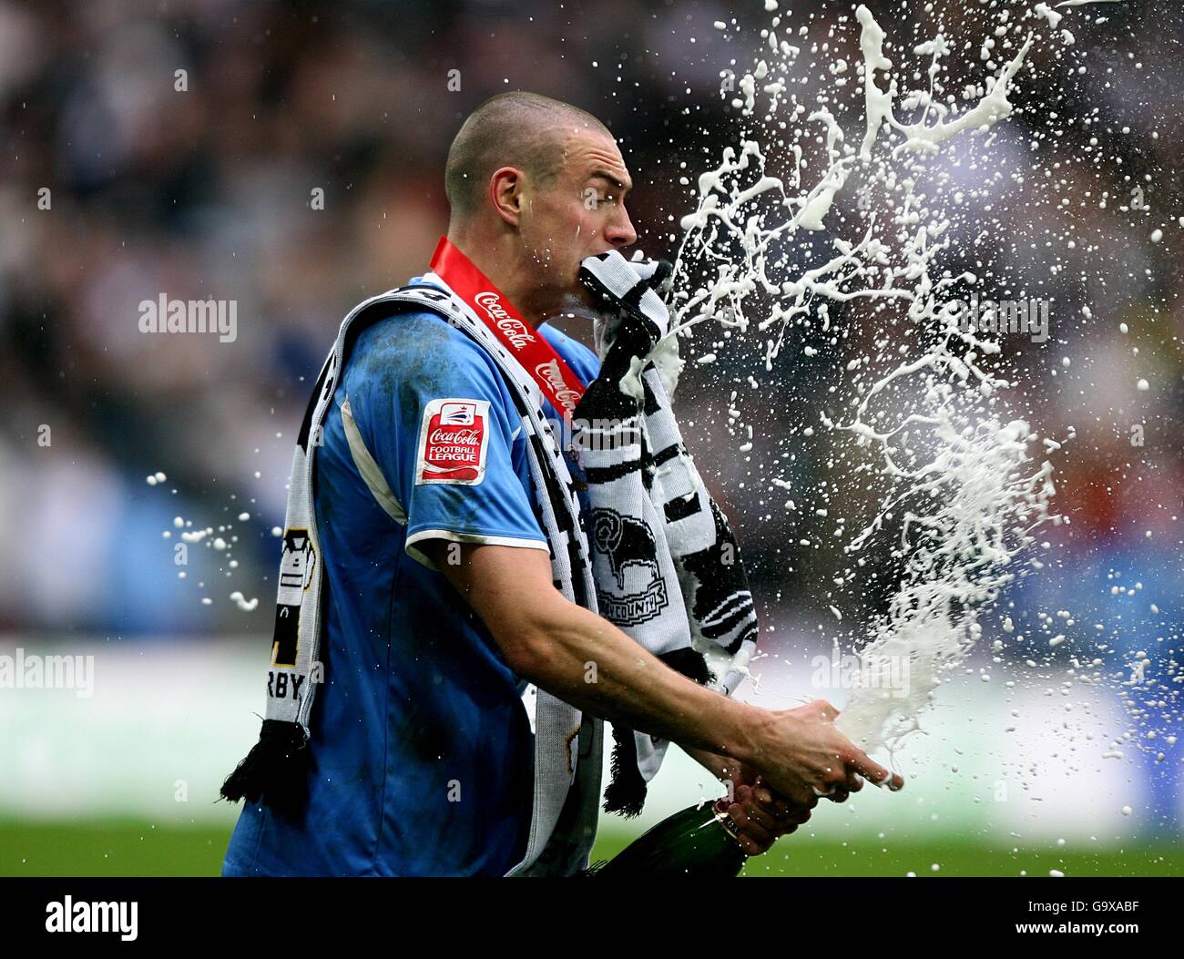 Derby County goalkeeper Stephen Bywater celebrates with champagne Stock ...
