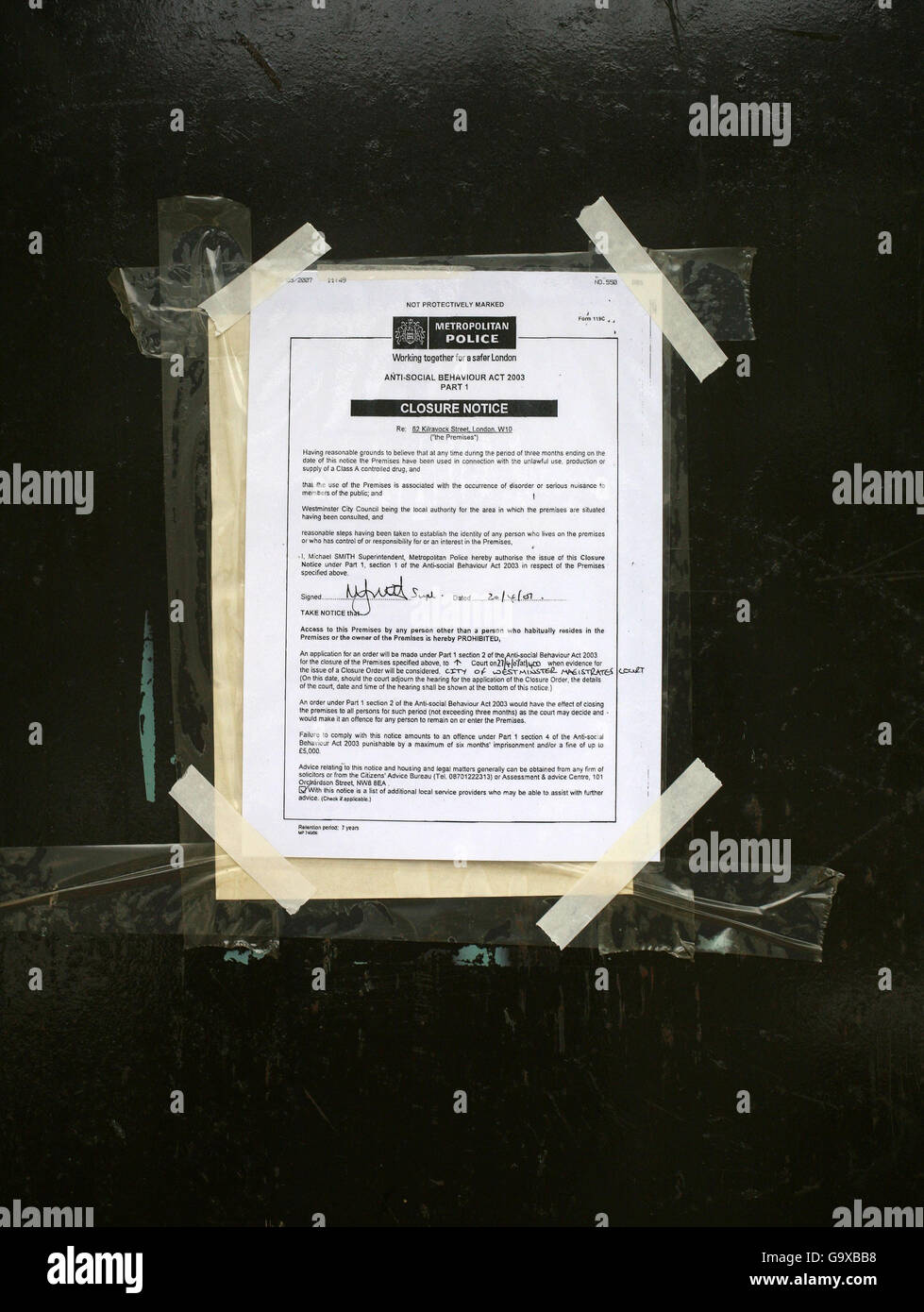 A police notice on the door of a closed-down crack house in North ...