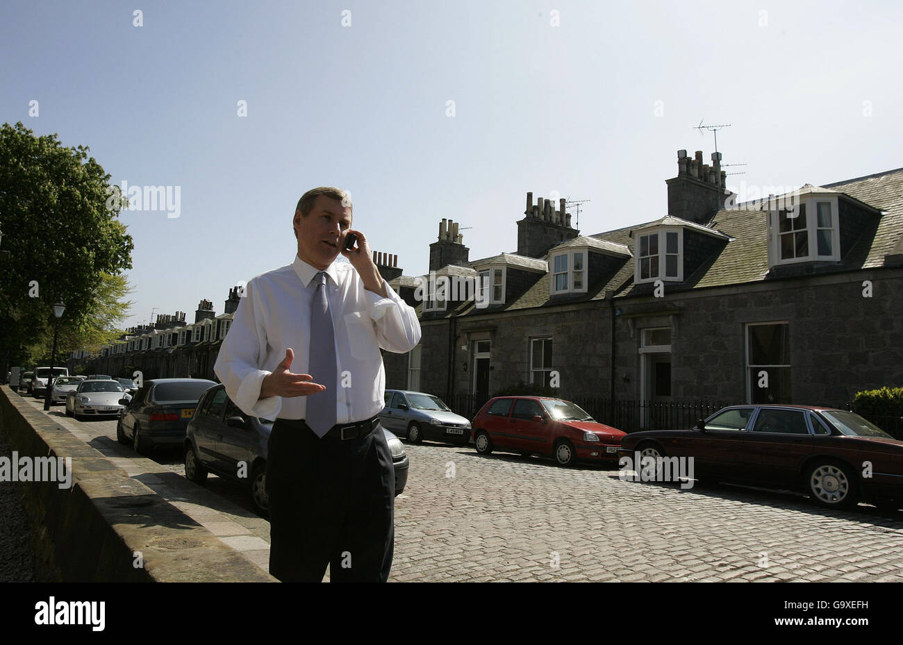 Scottish Liberal Democrat leader Nicol Stephen on the phone after ...