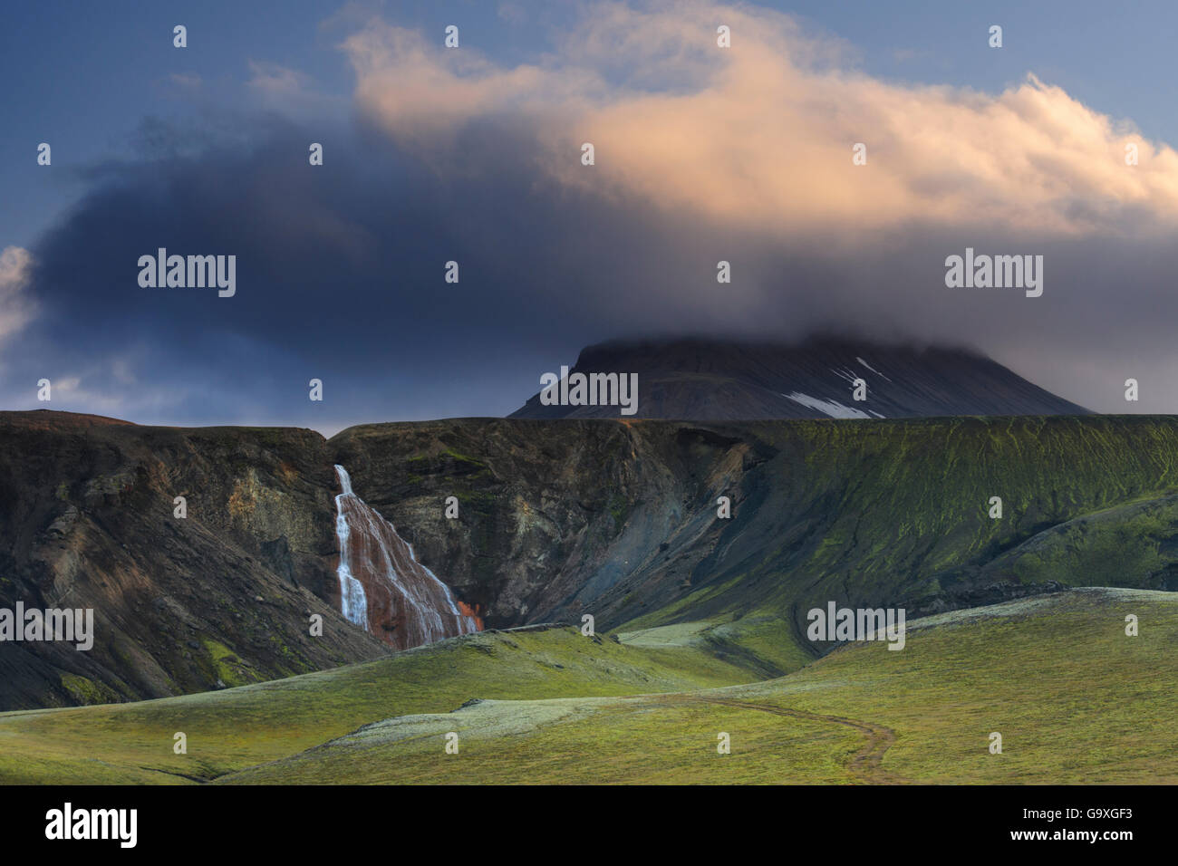 Landscape with Raudufossar waterfall, Fjallabak Nature Reserve, Iceland ...