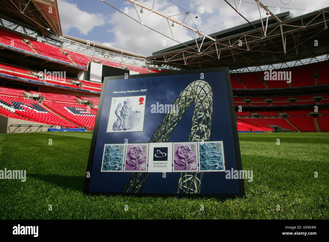 New set of Royal Mail stamps on the Wembley Stadium pitch Stock Photo ...