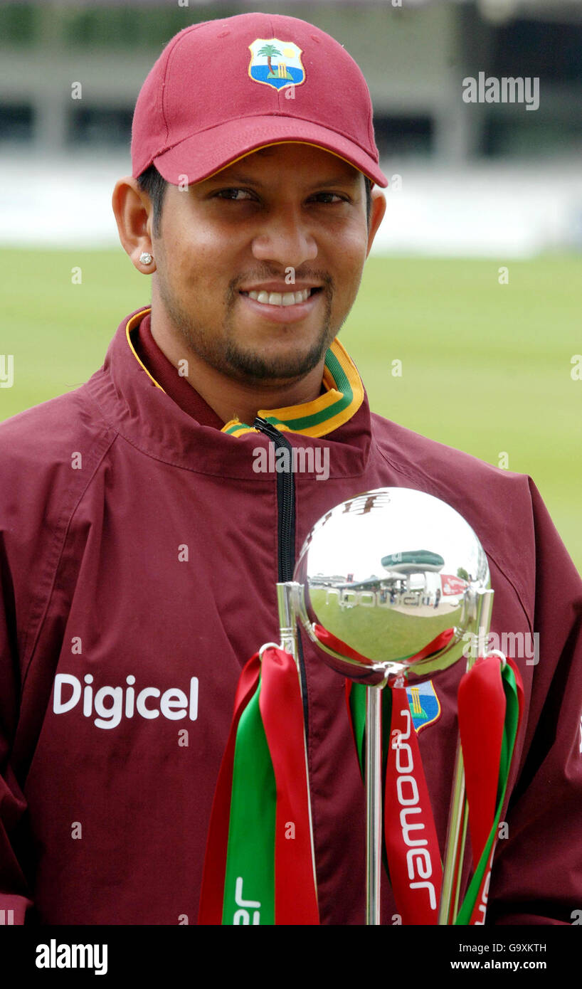 West Indies captain Ramnaresh Sarwan holds the npower trophy during a ...