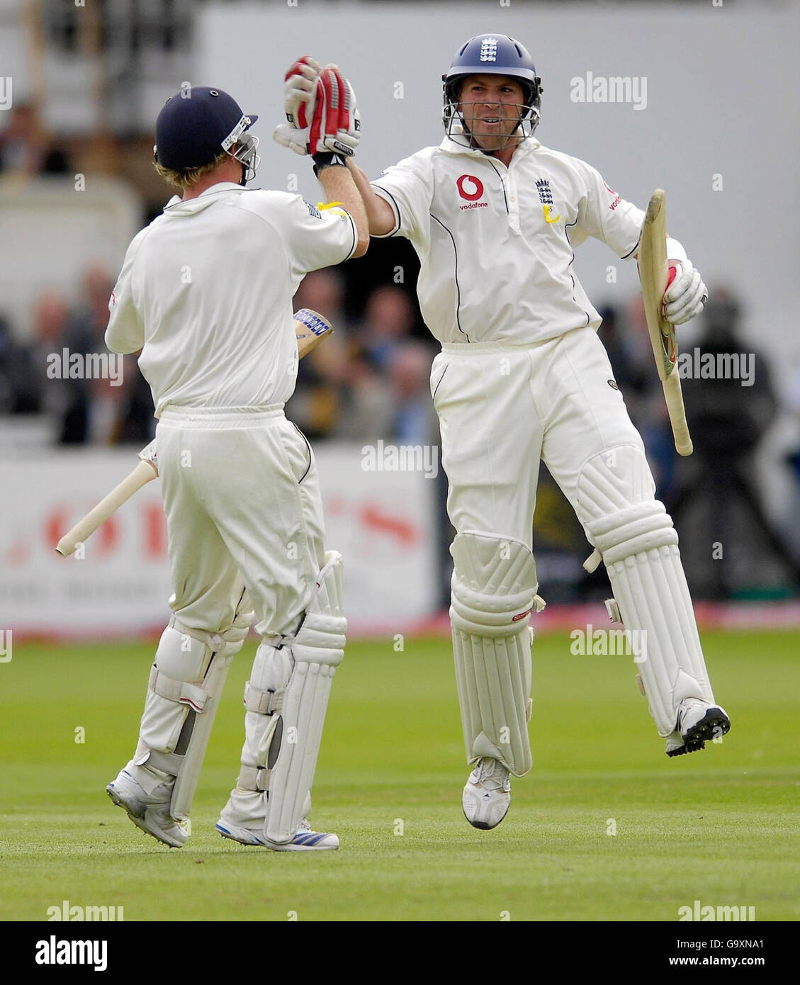 England's Matt Prior (right) celebrates his debut Test century with Ian ...