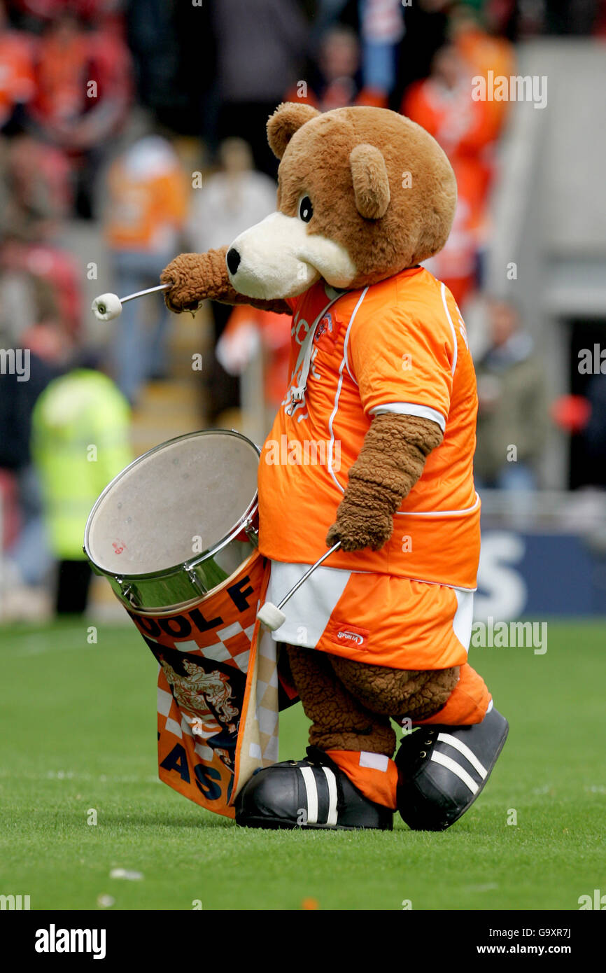 Blackpool's mascot Bloomfield Bear bangs the drum in the warm up to the ...