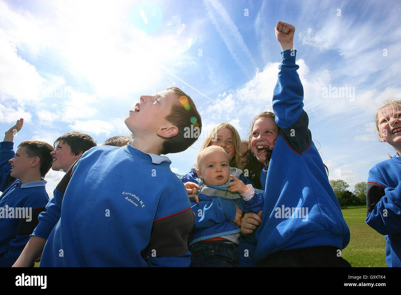Pupils from Cornafulla National School in Athlone cheer as the ...