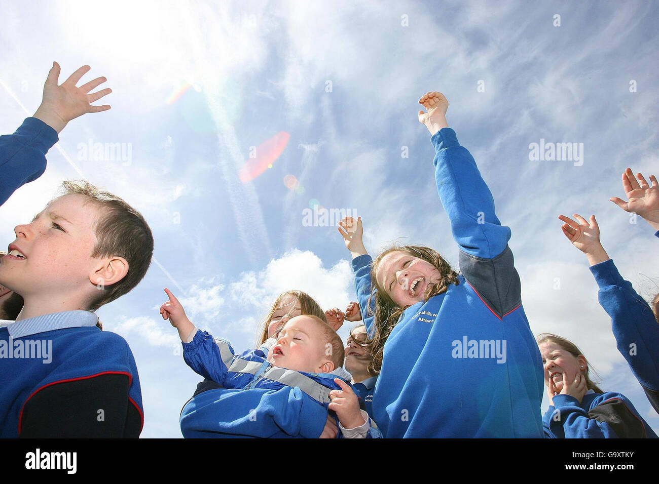 Pupils from Cornafulla National School in Athlone cheer as the ...