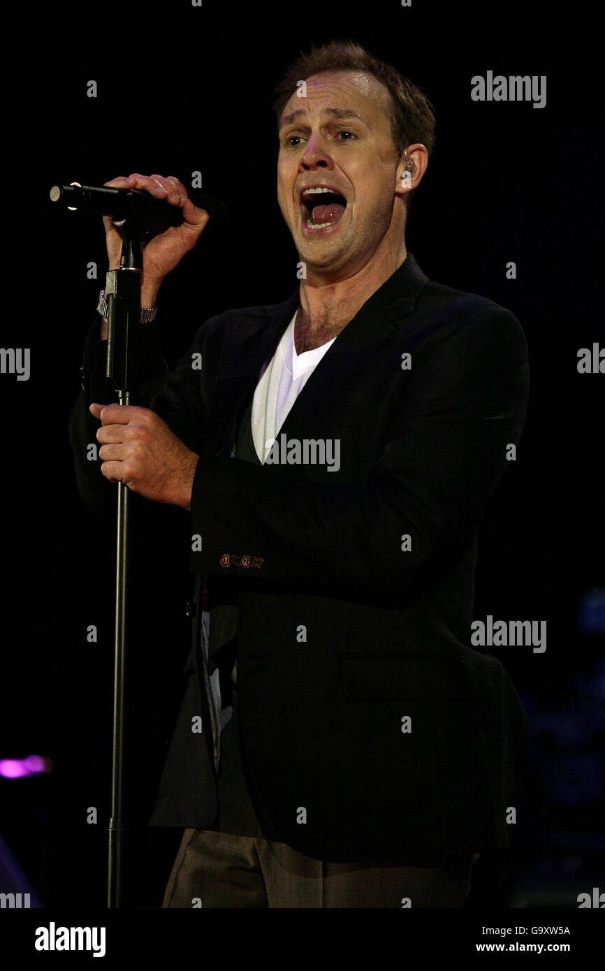 Jason Donovan performing on stage at the Hammersmith Apollo in west ...