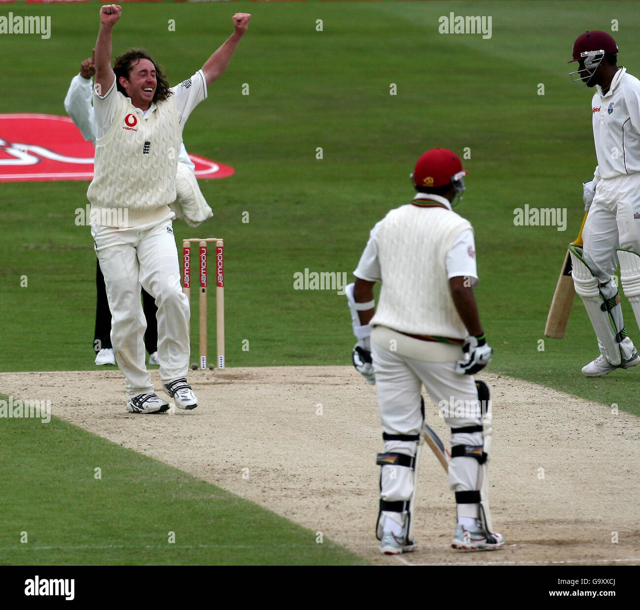 England's Ryan Sidebottom celebrates after trapping West Indies's Daren ...