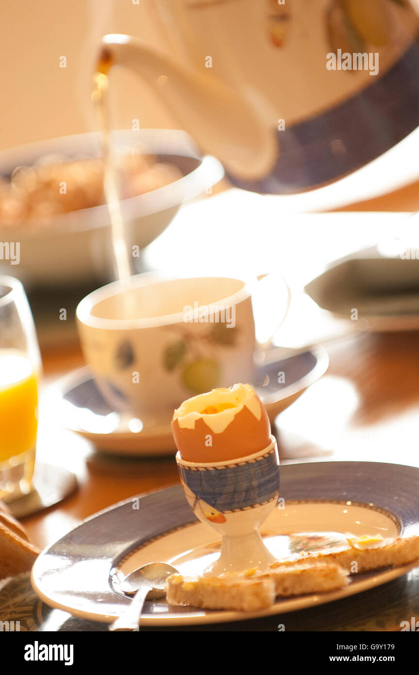 Boiled Egg and Soldiers on breakfast table illuminated by morning ...
