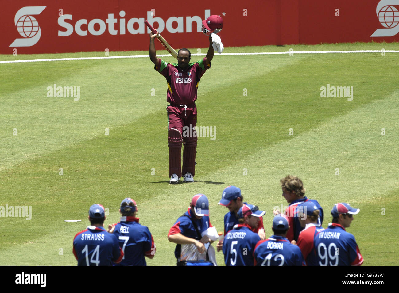 West Indies captain Brian Lara raises his bat to acknowledge the crowd after being run out by ...